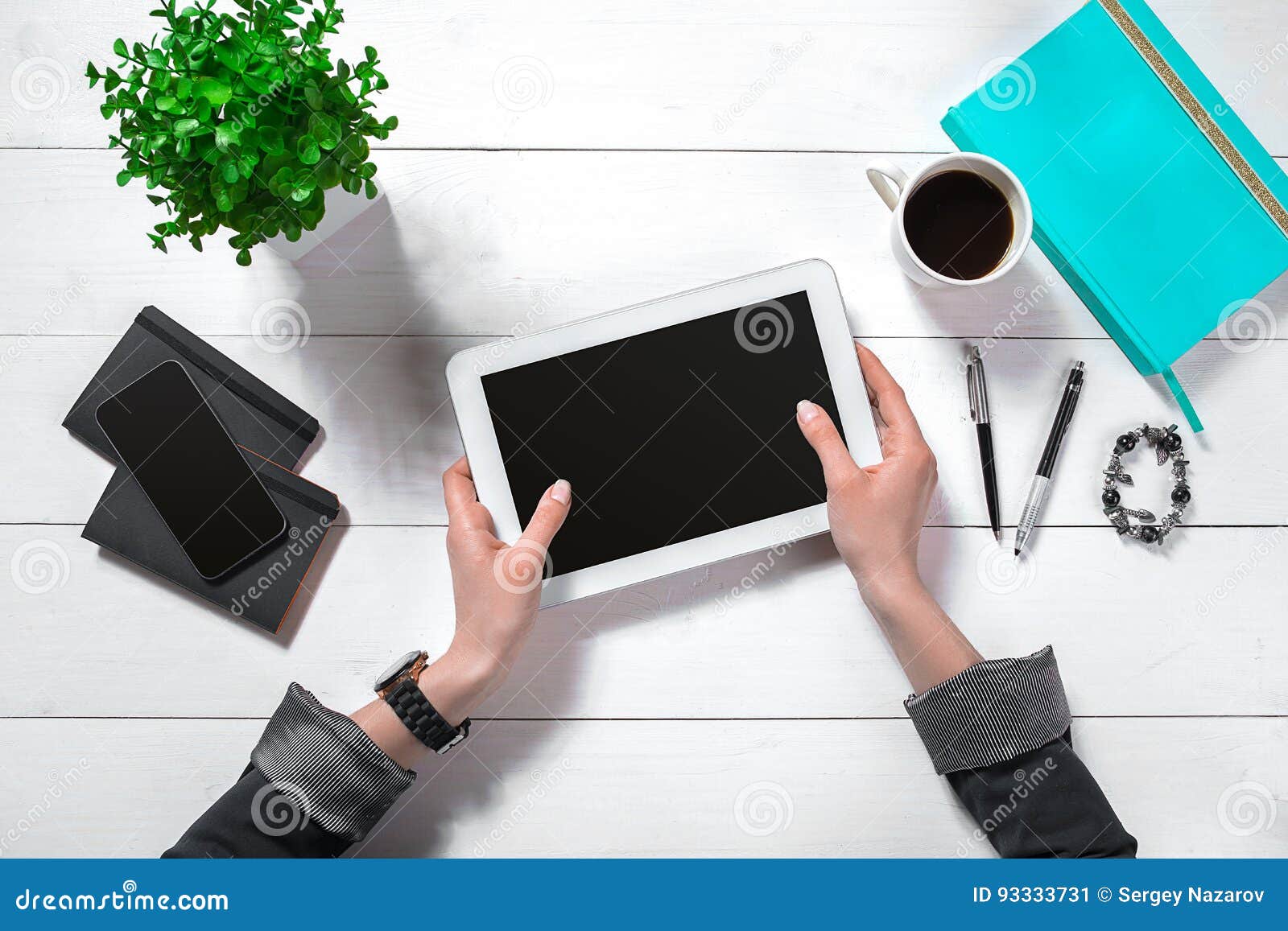 Hand Use Tablet on Desk Table Top View Stock Image - Image of desk ...