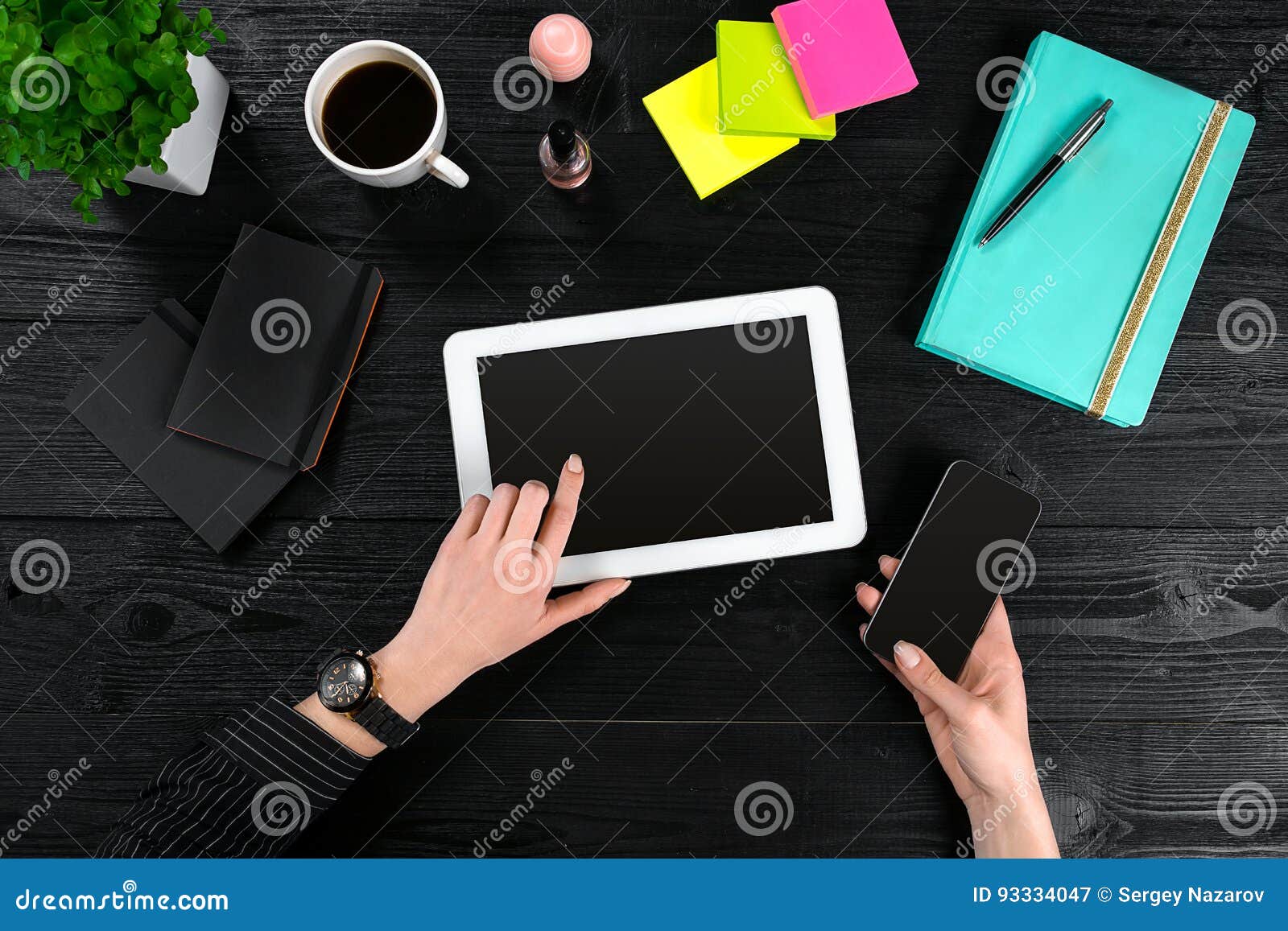 Hand Use Tablet on Desk Table Top View Stock Image - Image of media ...