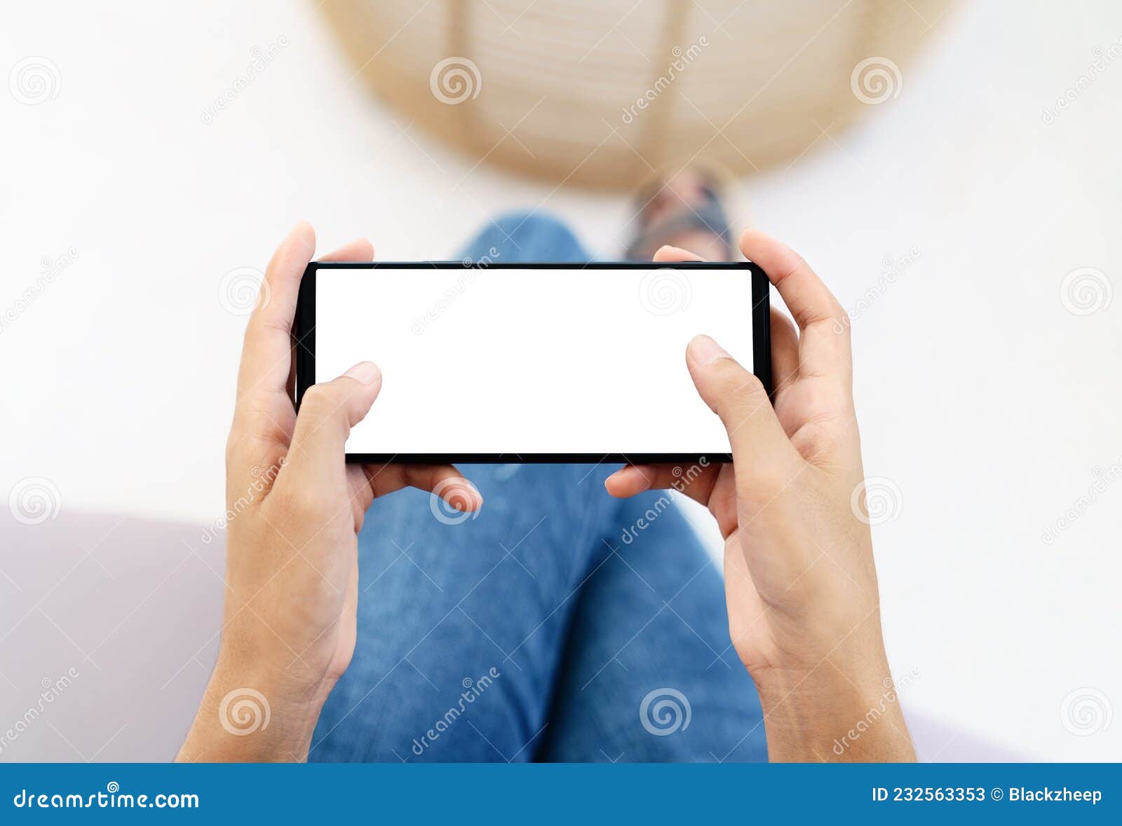 Hand Using Phone in Horizontal White Screen Display Stock Image - Image ...