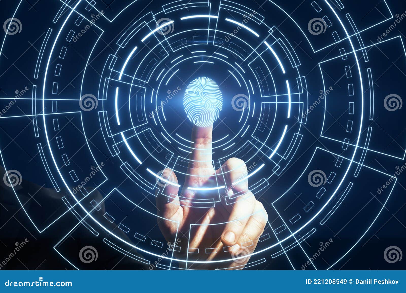 Hand Using Creative Digital ID Finger Print Interface on Blue ...