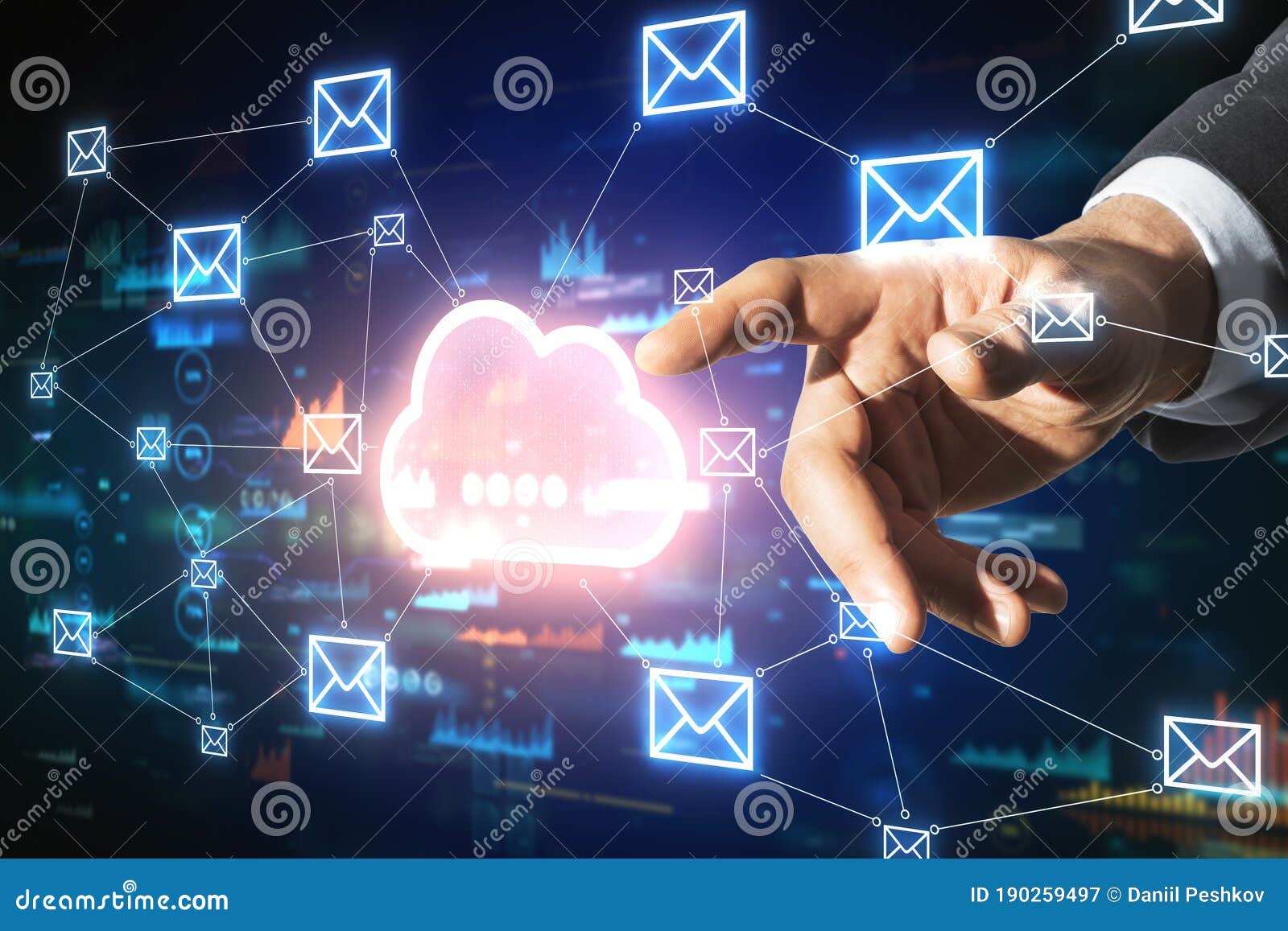 Hand Using Creative Glowing Cloud Email Map Hologram Stock Image ...