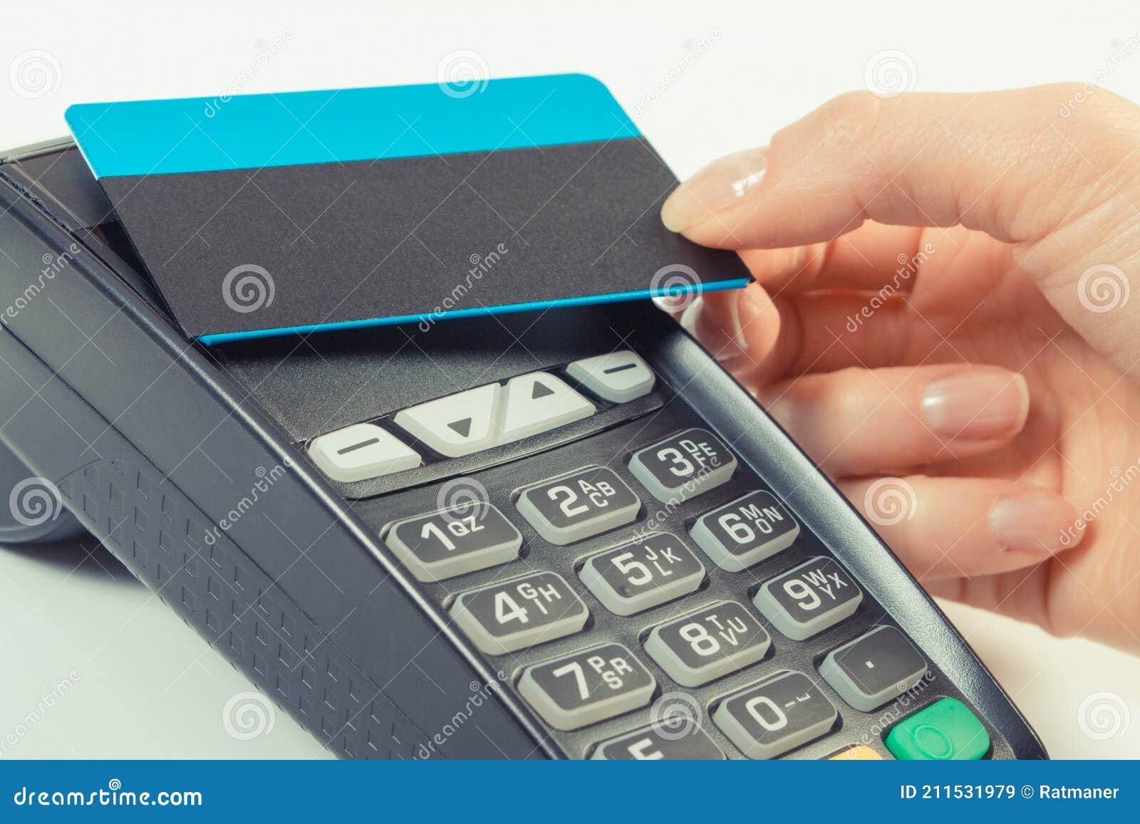 Hand Using Credit Card Reader with Contactless Credit Card. Cashless ...