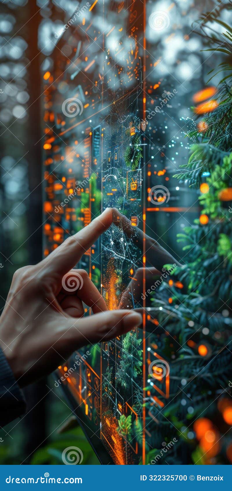 Futuristic Digital Interface Touchscreen Blending with Nature in Forest ...