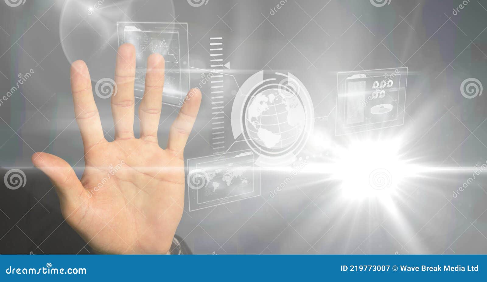 Hand Using Digital Interface Screen with Network of Icons, Globe and ...