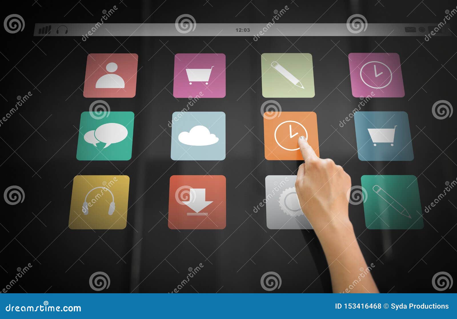Hand Using Interactive Panel with App Icons on it Stock Photo - Image ...