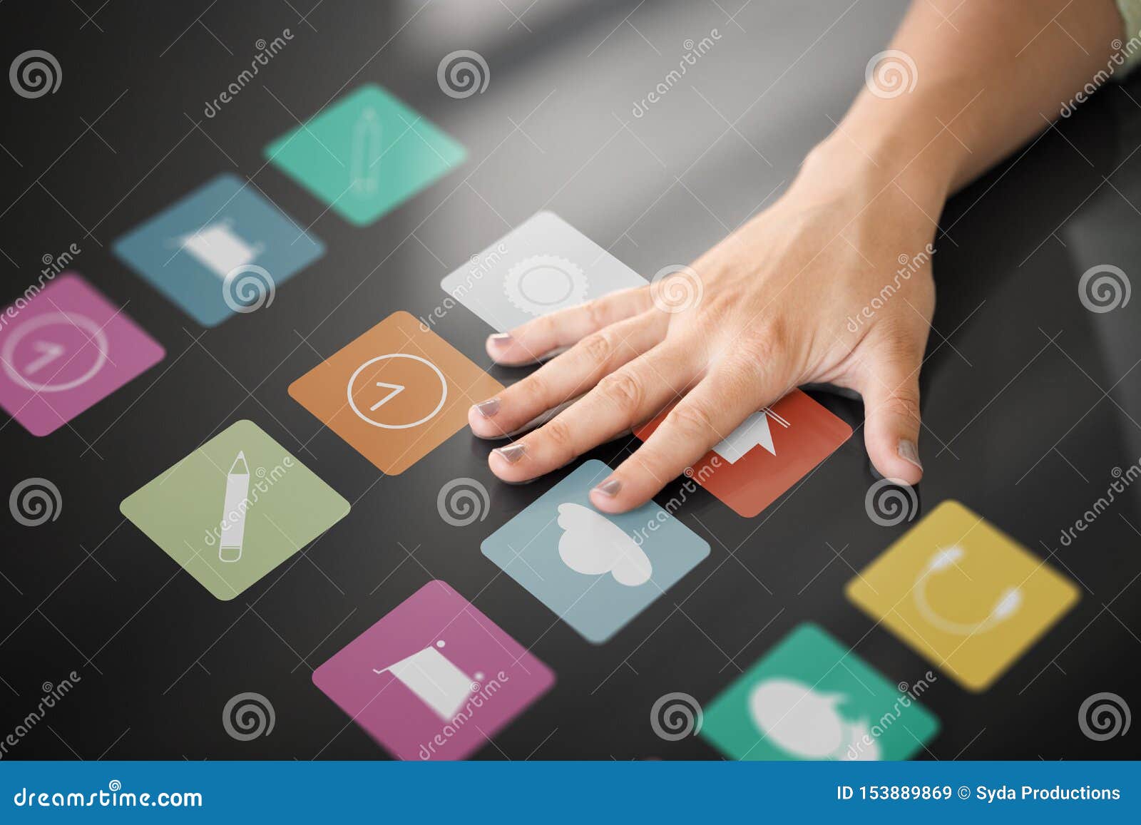 Hand Using Interactive Panel with App Icons on it Stock Image - Image ...