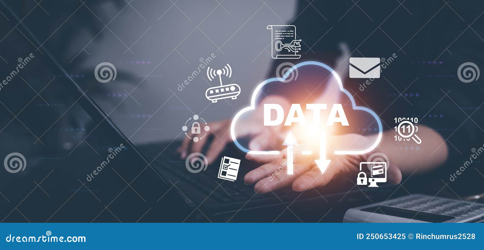 Hand Using a Laptop with Analytics and Data Management System on the ...