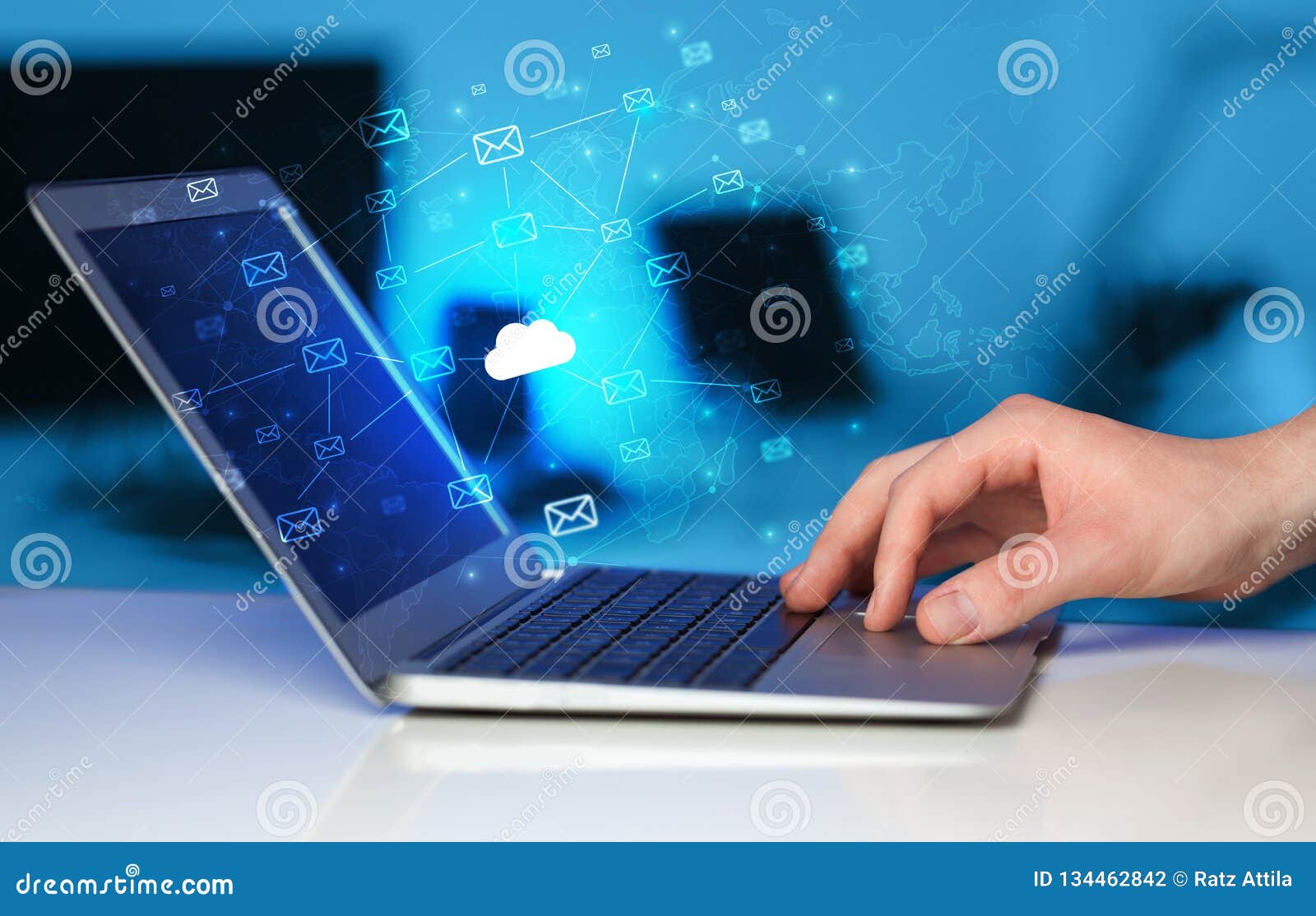 Hand Using Laptop with Centralized Cloud Computing System Concept Stock ...