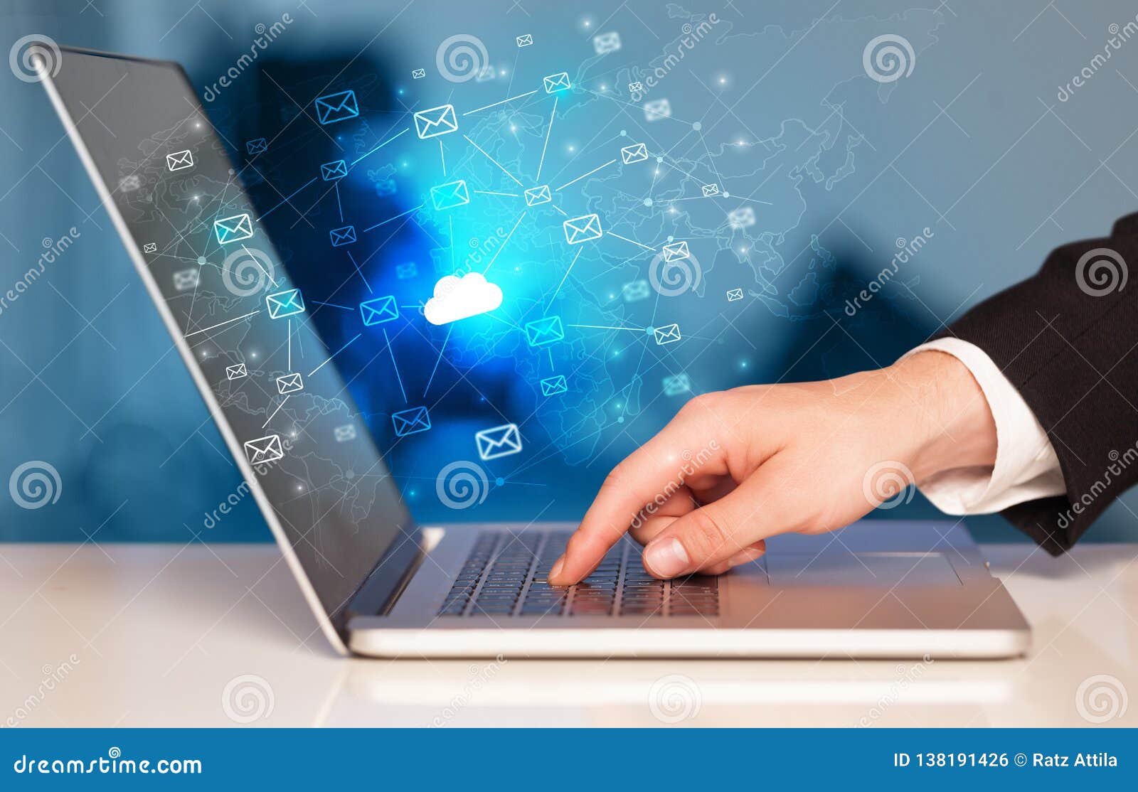 Hand Using Laptop with Centralized Cloud Computing System Concept Stock ...