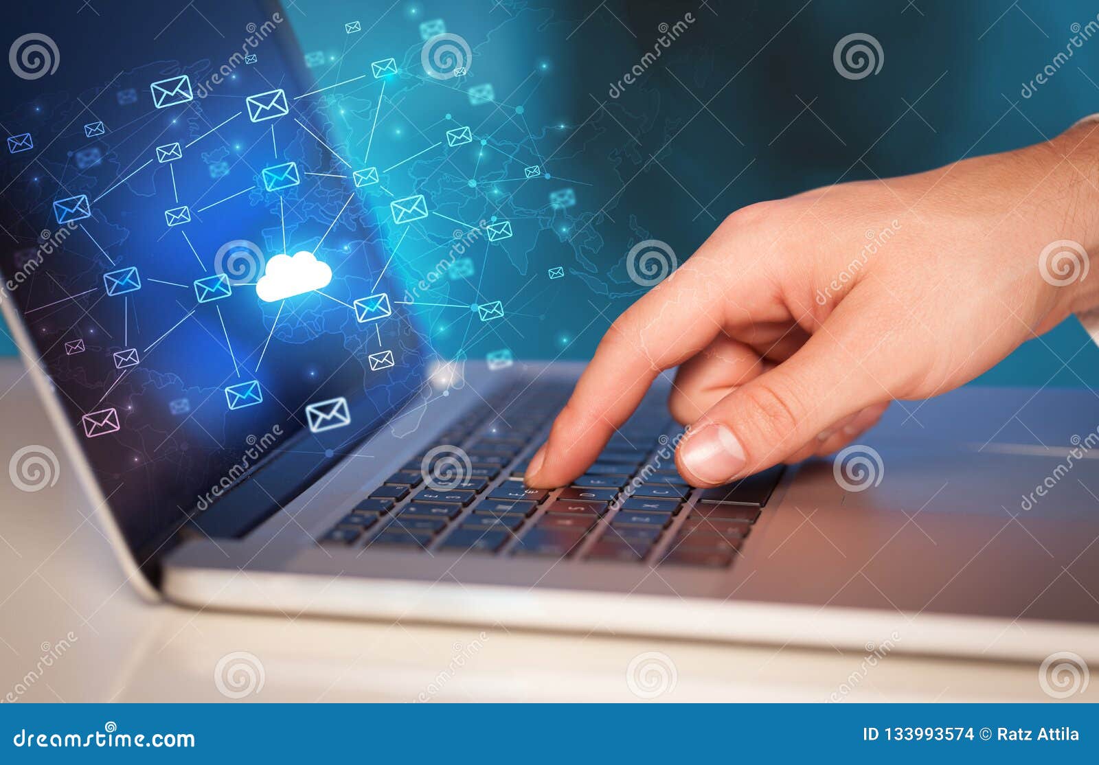 Hand Using Laptop with Centralized Cloud Computing System Concept Stock ...
