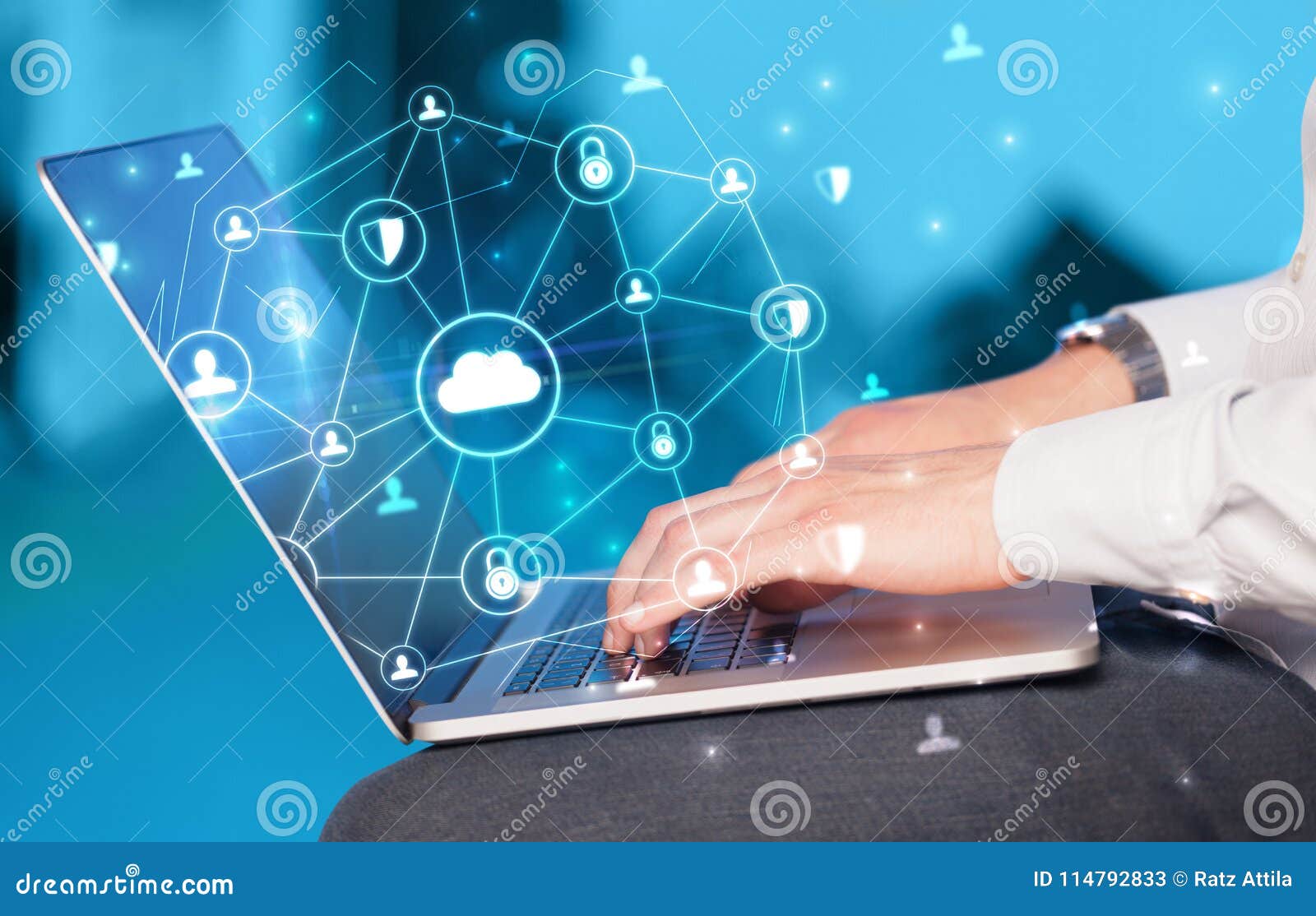 Hand Using Laptop with Centralized Linked Cloud System Concept Stock ... Hand Using Laptop with Centralized Linked Cloud System Concept Stock ...