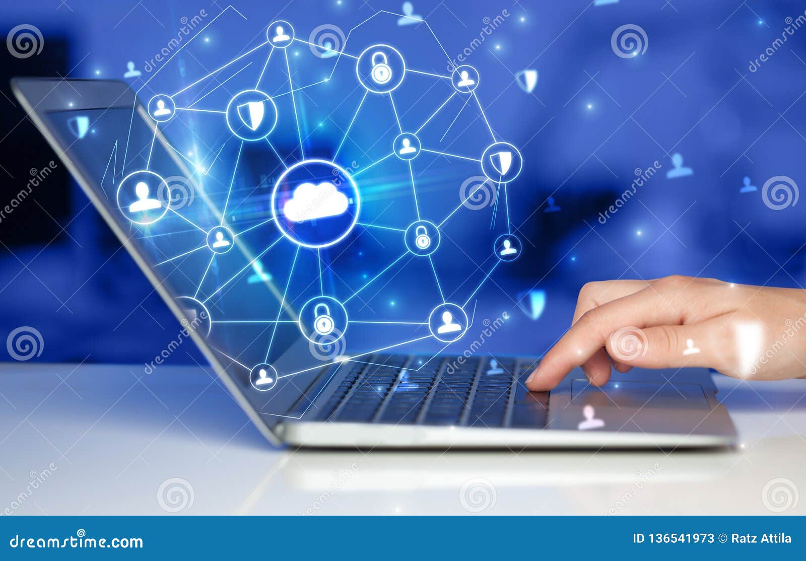 Hand Using Laptop with Centralized Linked Cloud System Concept Stock ...