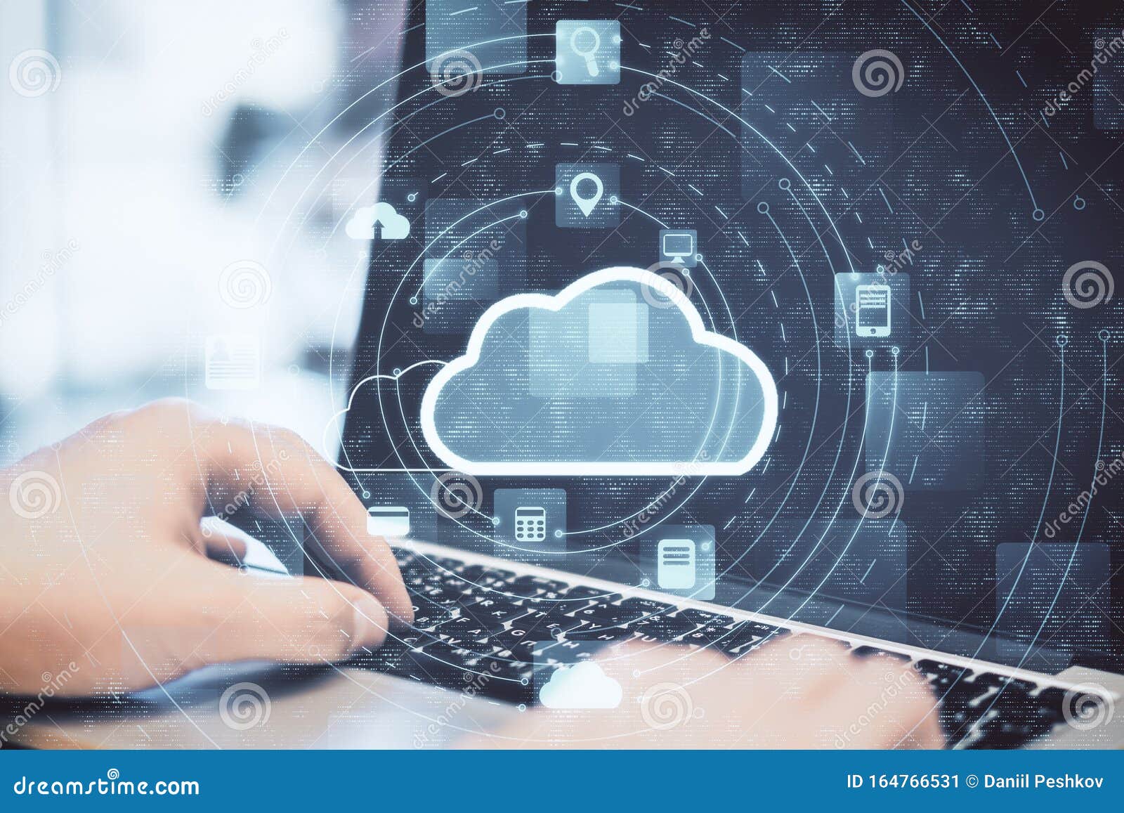 Hand Using Laptop with Cloud Computing Diagram Stock Image - Image of ...
