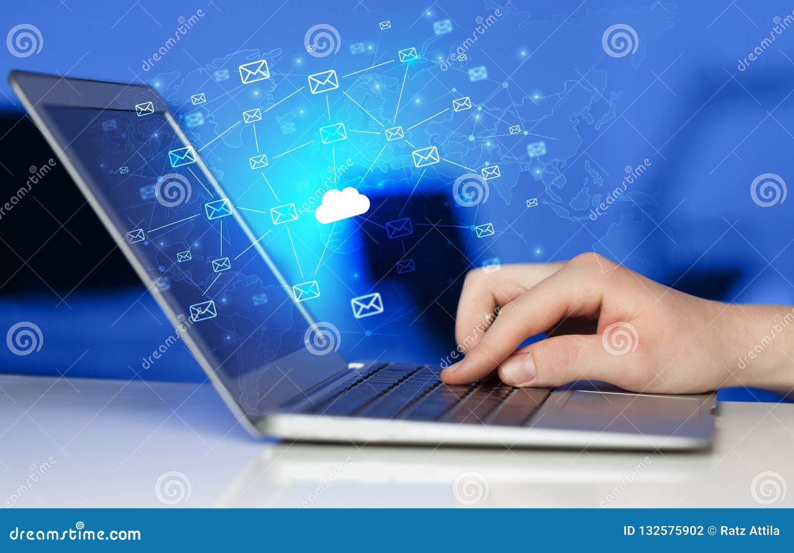 Hand Using Laptop with Centralized Cloud Computing System Concept Stock ...