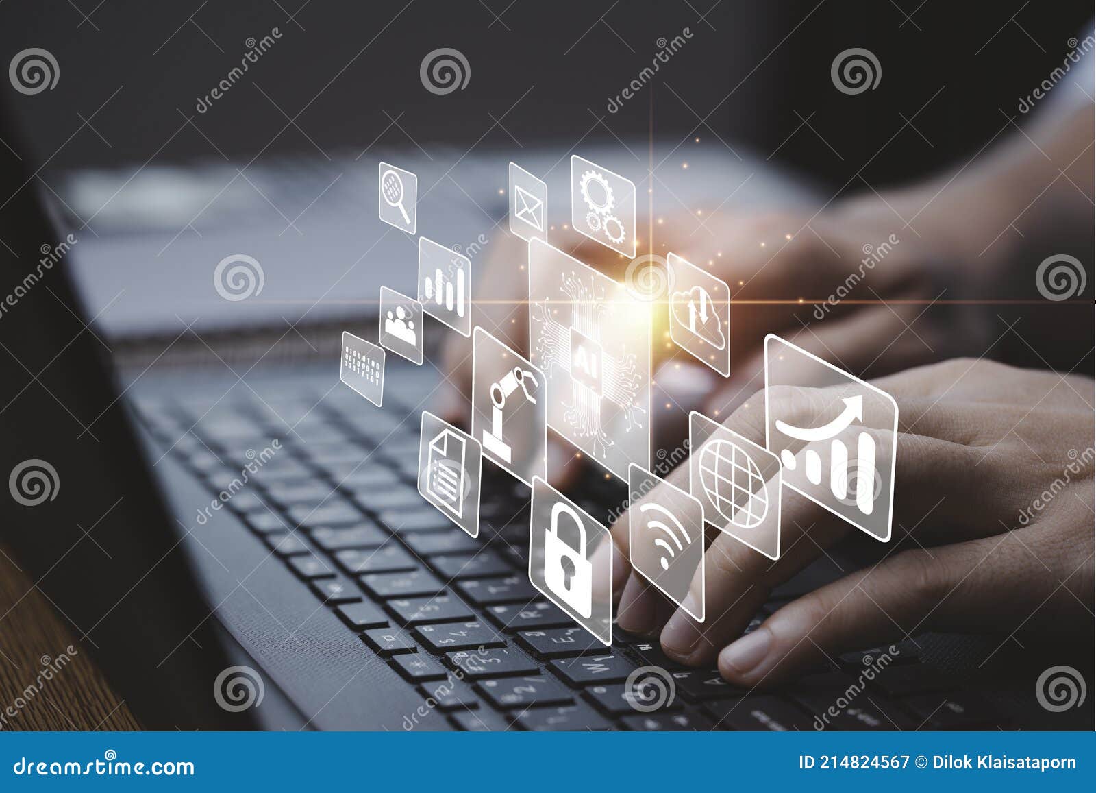 Hand Using Laptop Computer Keyboard To Control Artificial Intelligence ...