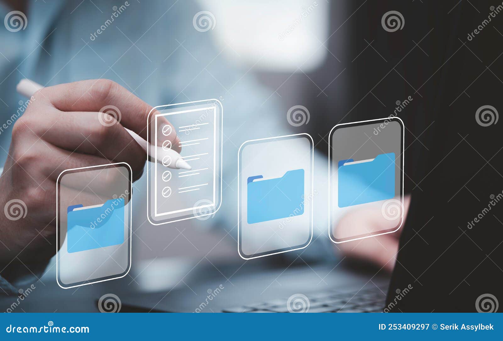 Hand Using Laptop Computer with Virtual Screen and Document for Online ...