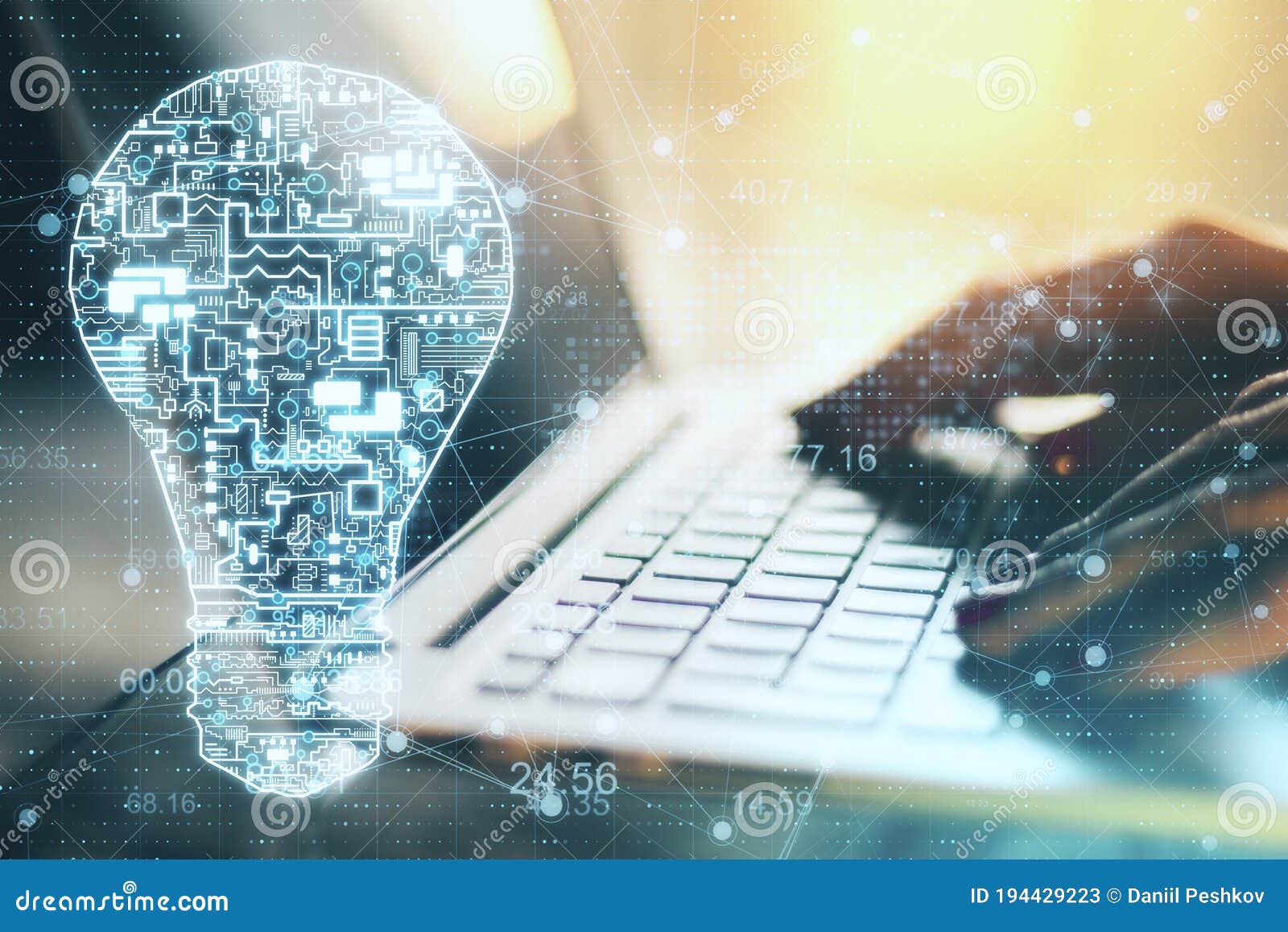 Hand Using Laptop with Glowing Circuit Lightbulb Interface Stock Image ...