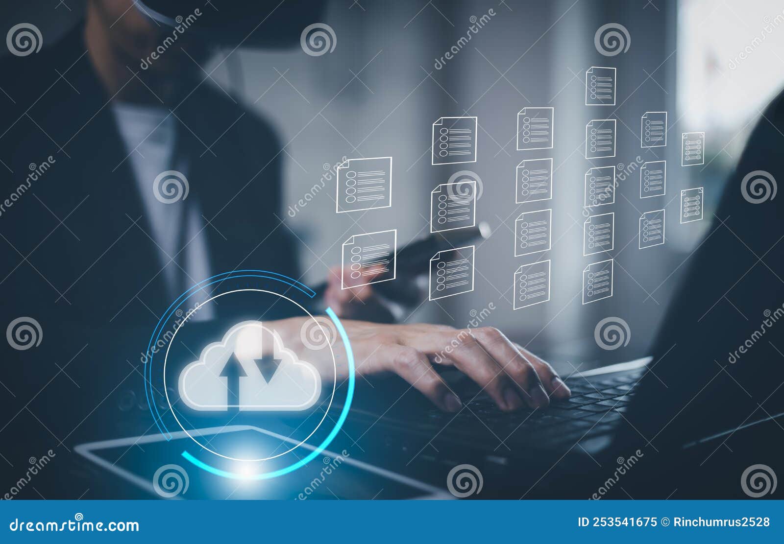 Hand Using Laptop with Touch Connect To Data Information on the Cloud Computing Technology ...