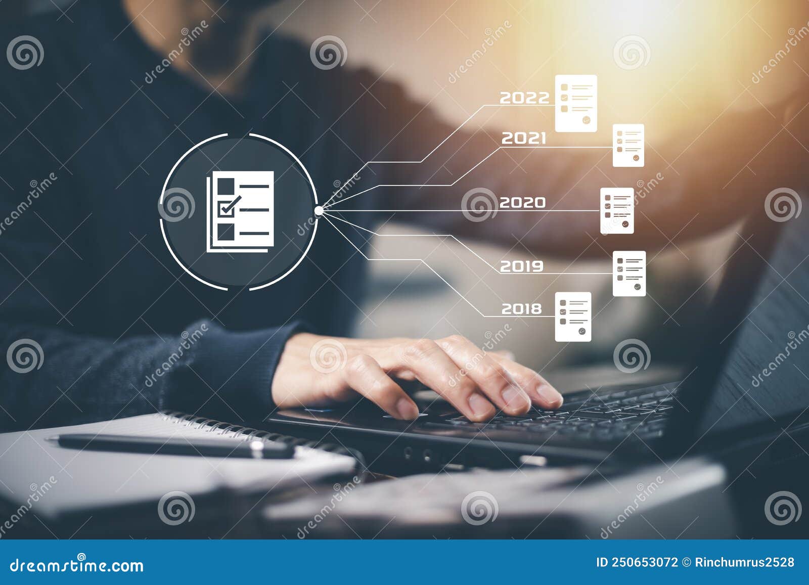 Hand Using Laptop and Touch Folder of Document Management System, Online Documentation Database ...