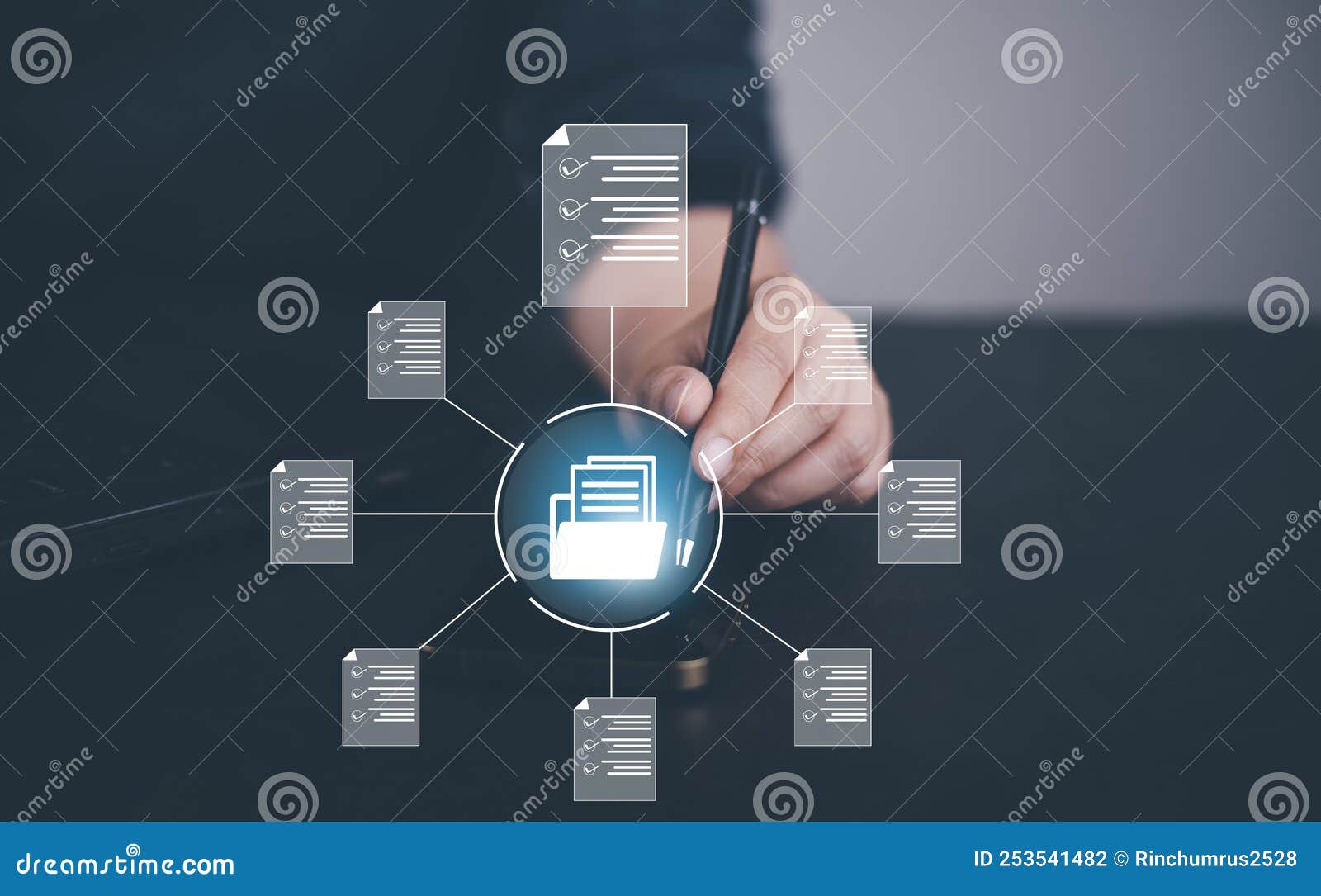Hand Using Laptop and Touch Folder of Document Management System, Online Documentation Database ...
