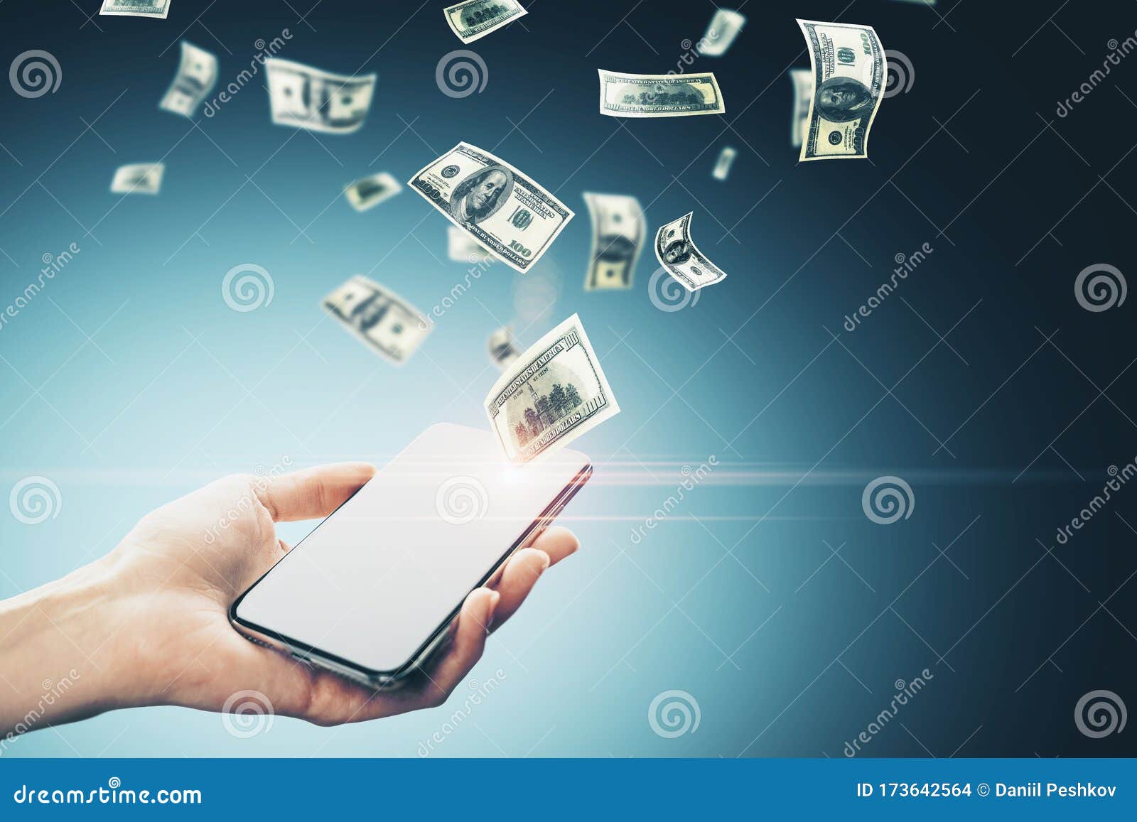 Hand Using Mobile Phone and Falling Dollar Banknotes Stock Photo ...