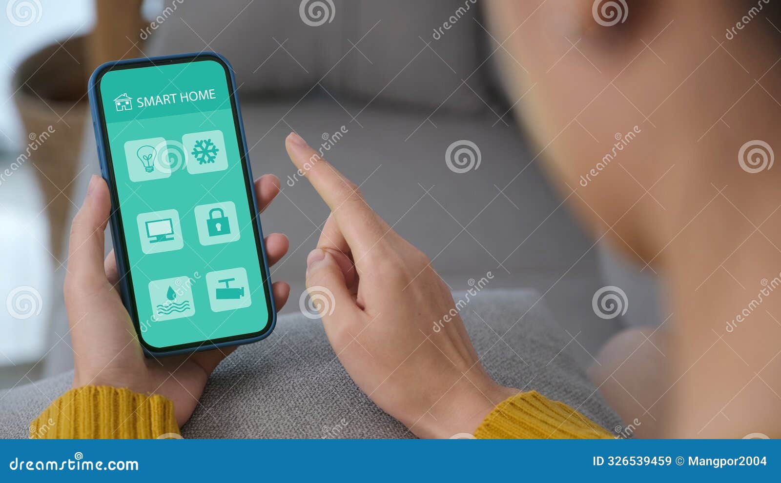 Hand Using Mobile Phone for Smart Home Automation Control App at Home ...