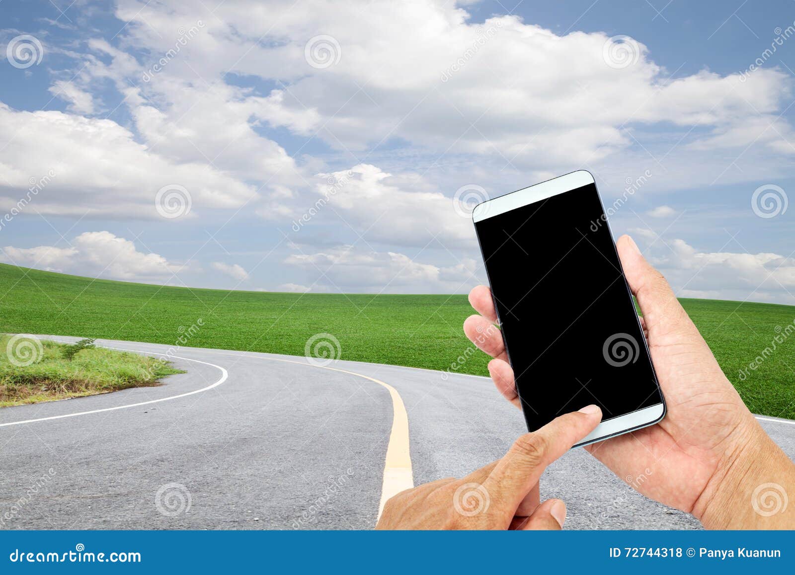 Hand Using Mobile Smart Phone Control on Road Curve Background. Stock ...