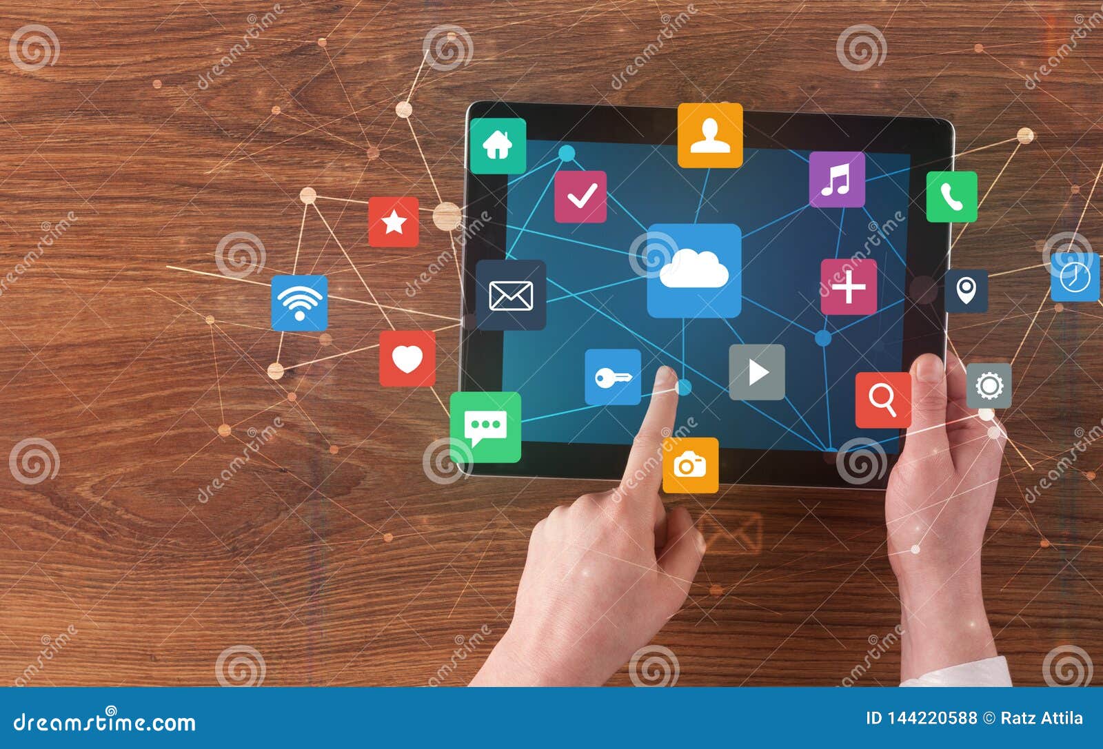 Hand Using Multitask Tablet with Application Symbols and Icons Concept ...