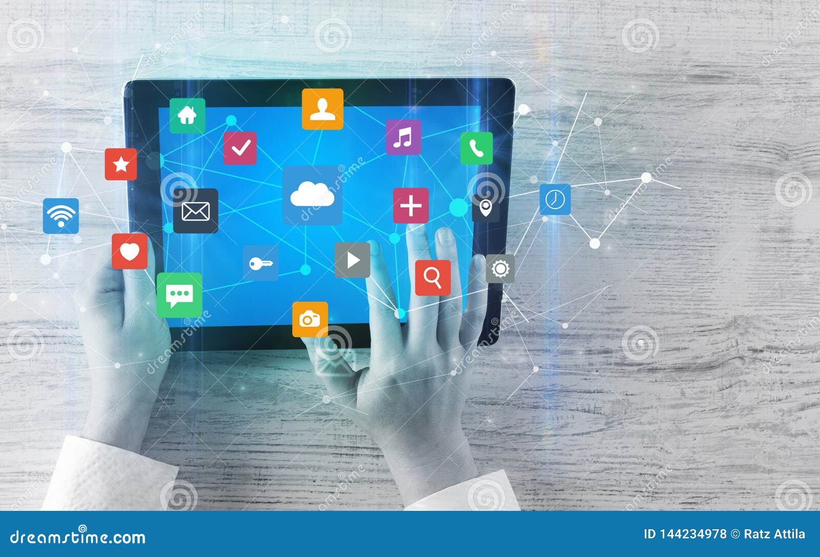 Hand Using Multitask Tablet with Application Symbols and Icons Concept ...