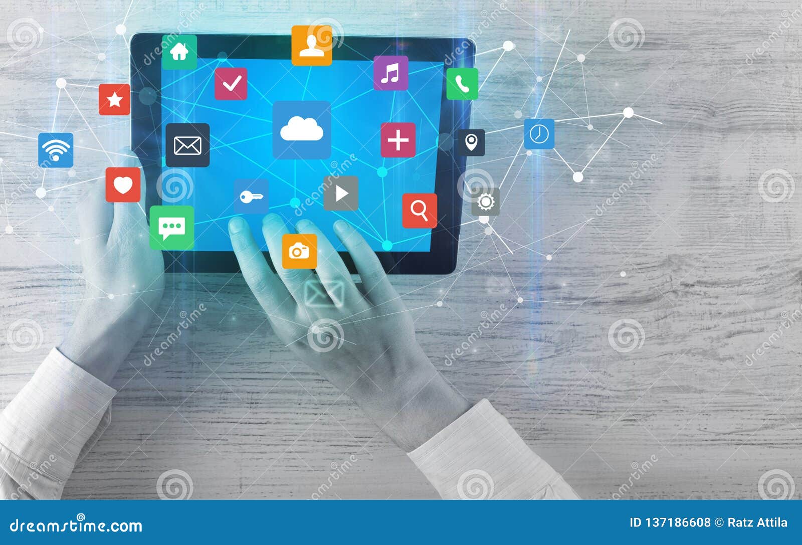 Hand Using Multitask Tablet with Application Symbols and Icons Concept ...