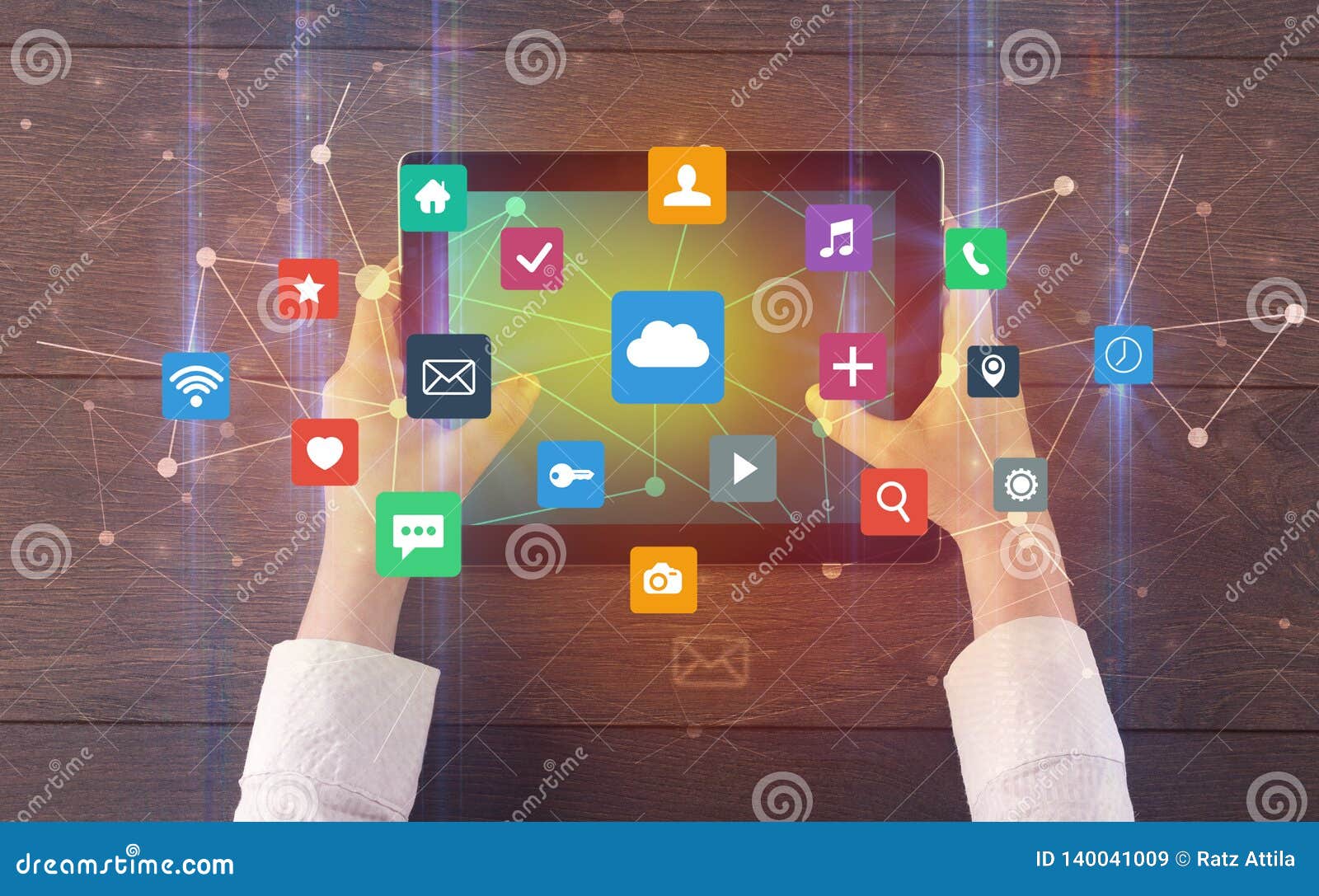 Hand Using Multitask Tablet with Application Symbols and Icons Concept ...