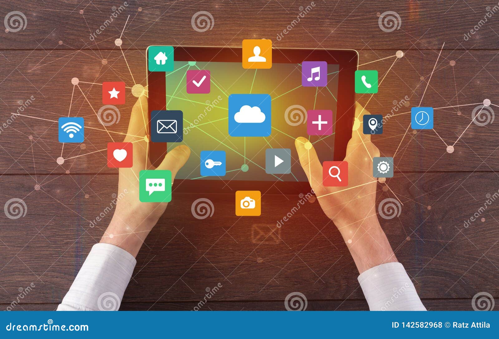 Hand Using Multitask Tablet with Application Symbols and Icons Concept ...