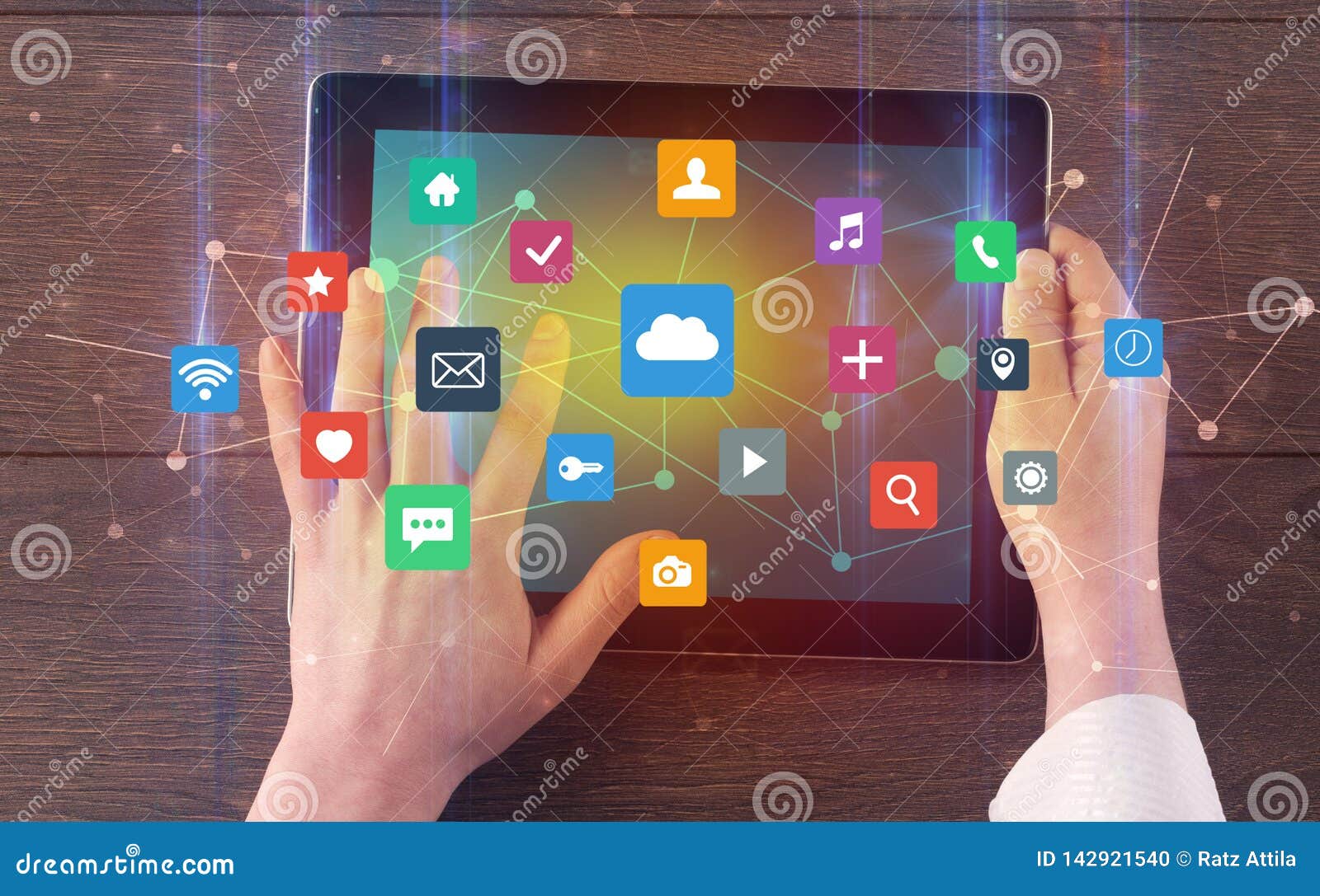 Hand Using Multitask Tablet with Application Symbols and Icons Concept ...