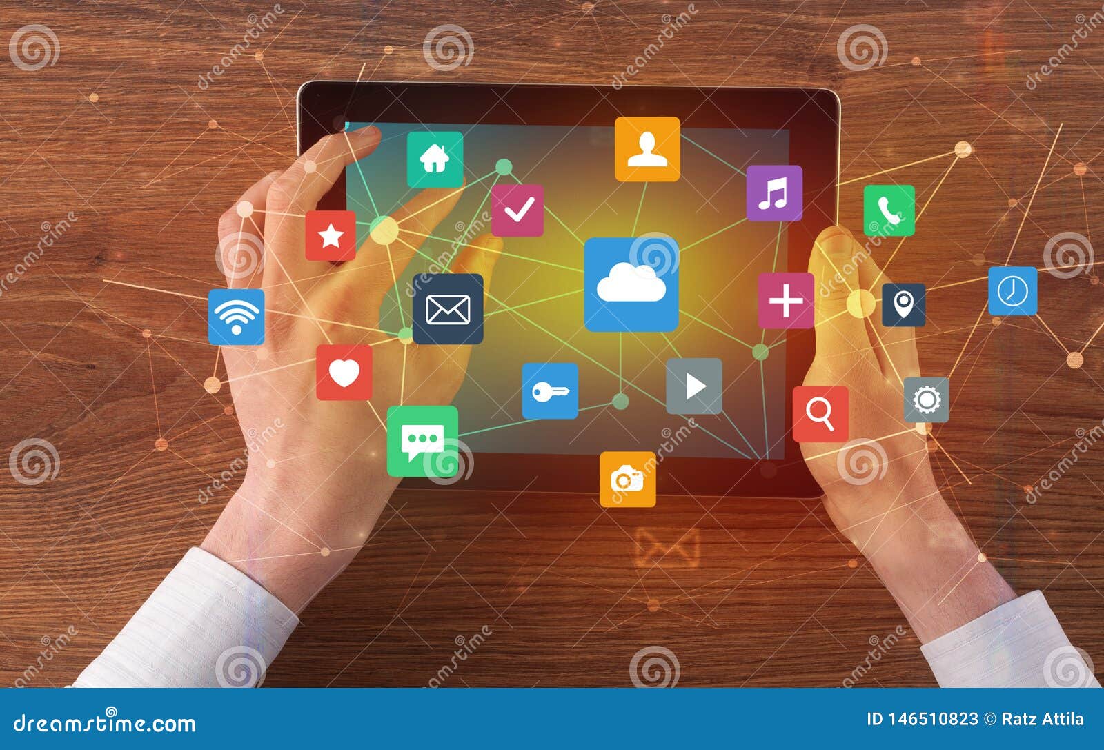 Hand Using Multitask Tablet with Application Symbols and Icons Concept ...