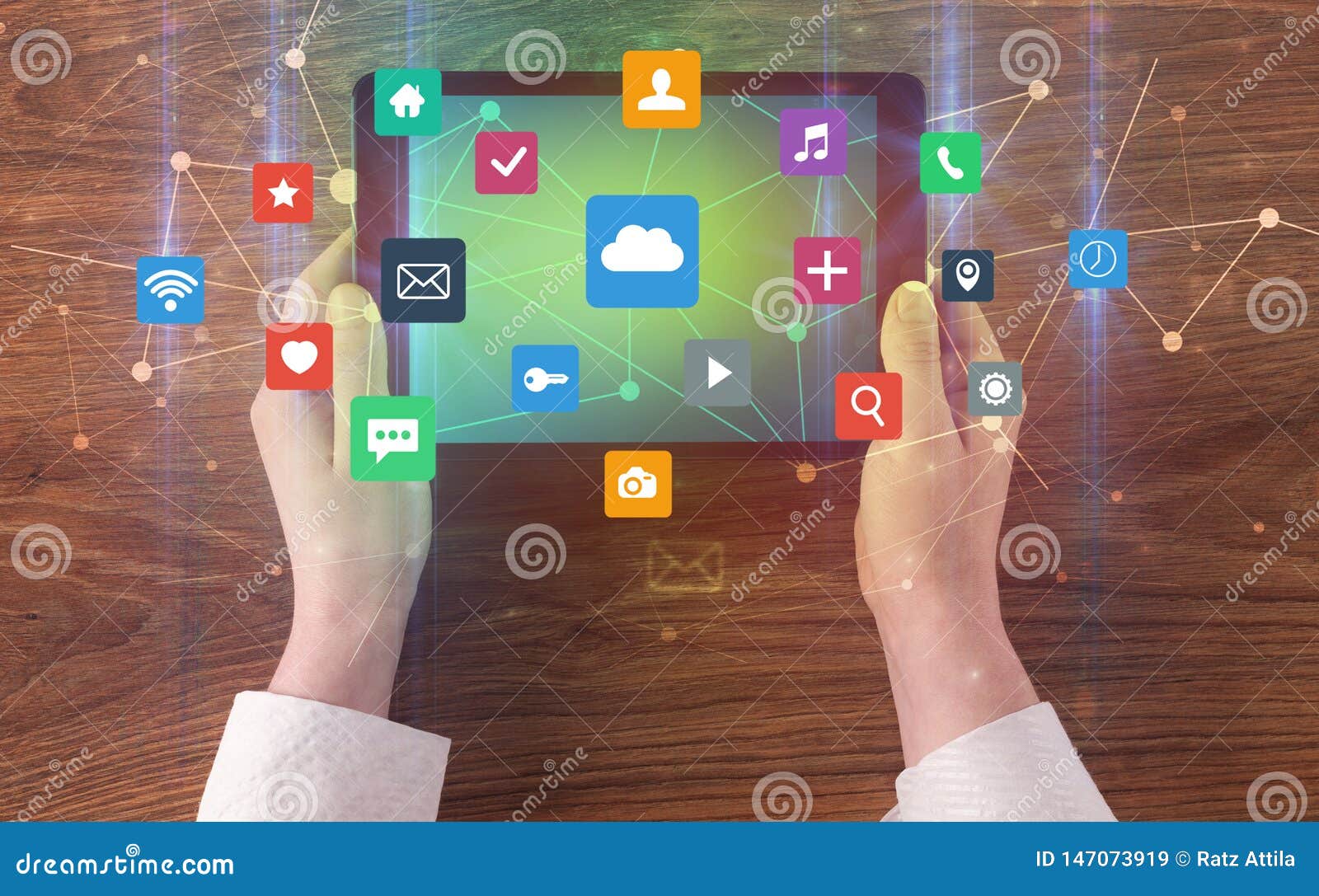 Hand Using Multitask Tablet with Application Symbols and Icons Concept ...