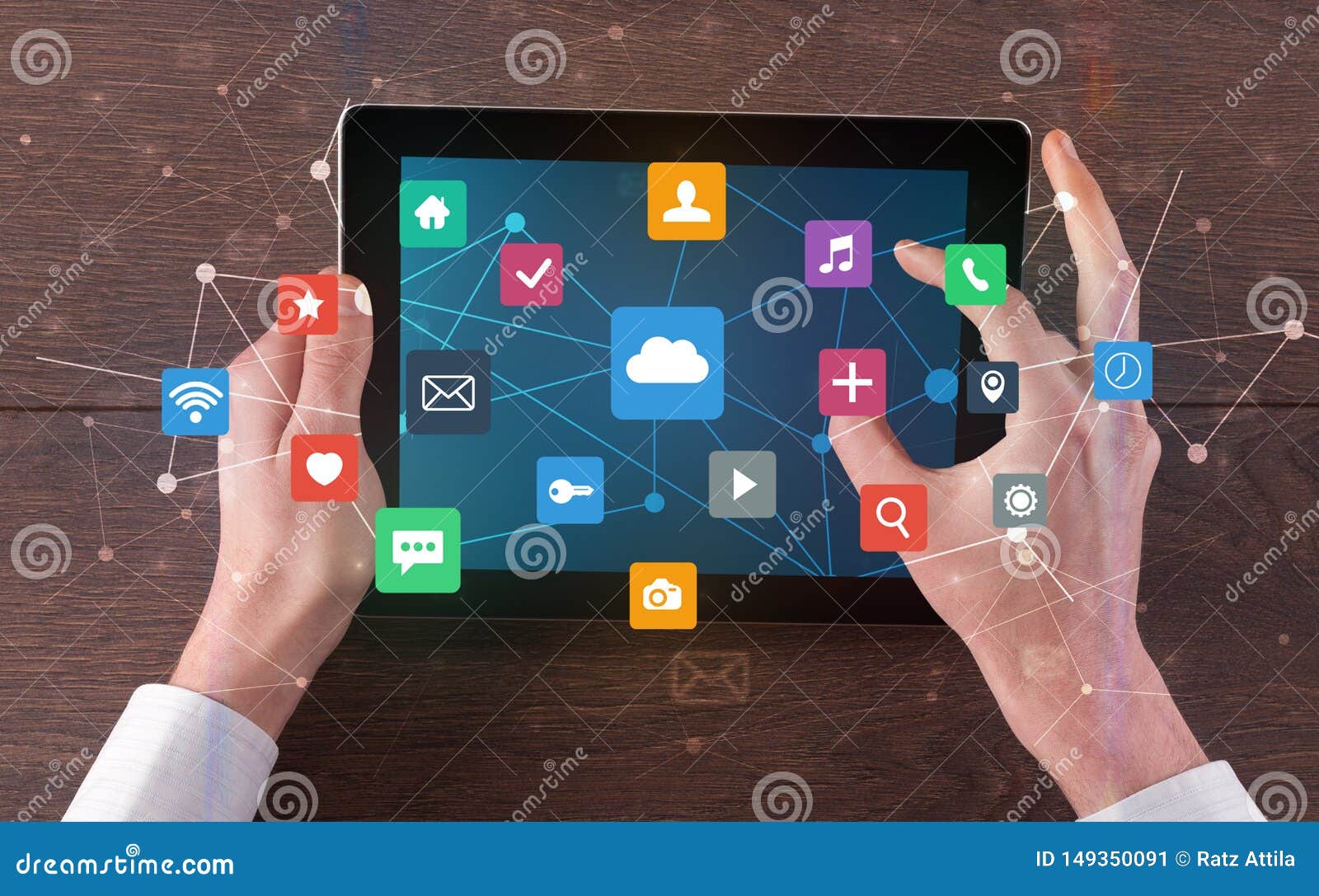 Hand Using Multitask Tablet with Application Symbols and Icons Concept ...