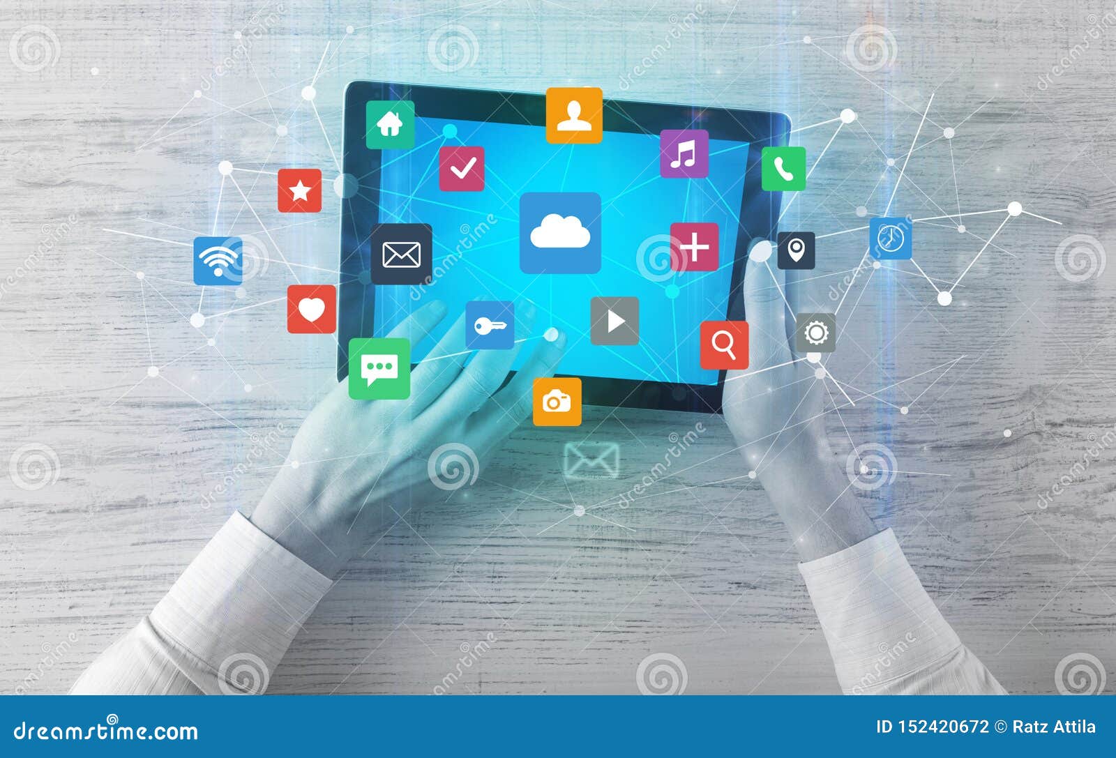 Hand Using Multitask Tablet with Application Symbols and Icons Concept ...