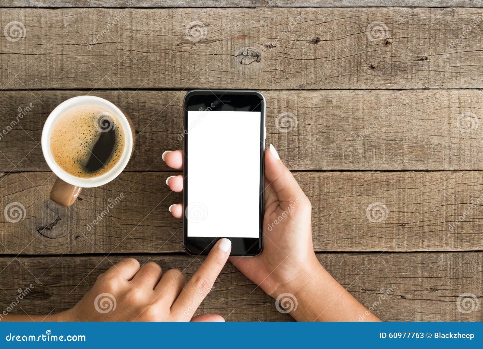 Hand Using Phone White Screen on Top View Stock Image - Image of table ...