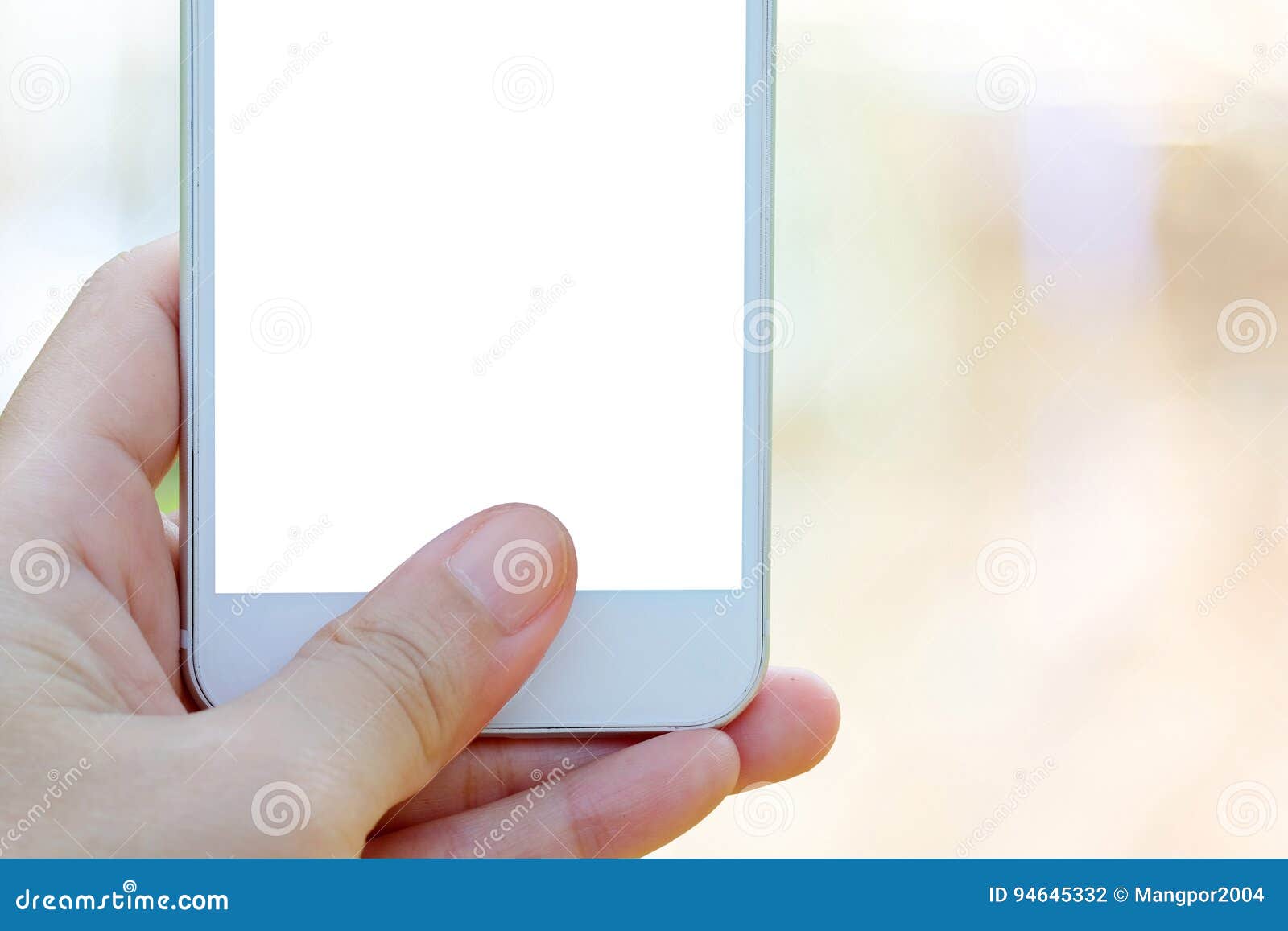 Hand Using Smart Phone with Blank Screen Over Blur Bokeh Light B Stock ...