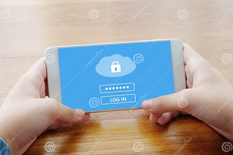 Hand Using Smart Phone with Cloud Data Storage Password Login on Stock ...