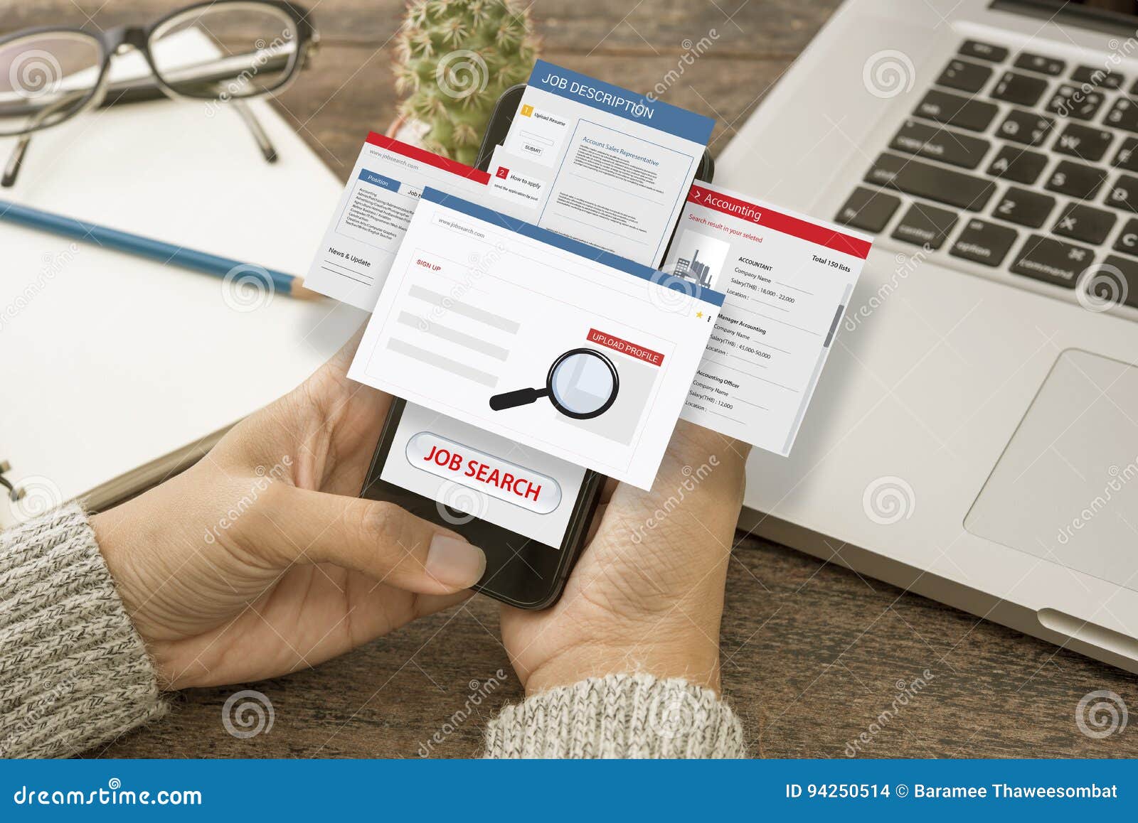 Hand Using Smart Phone with Job Search Web Homepage on Screen. Stock ...