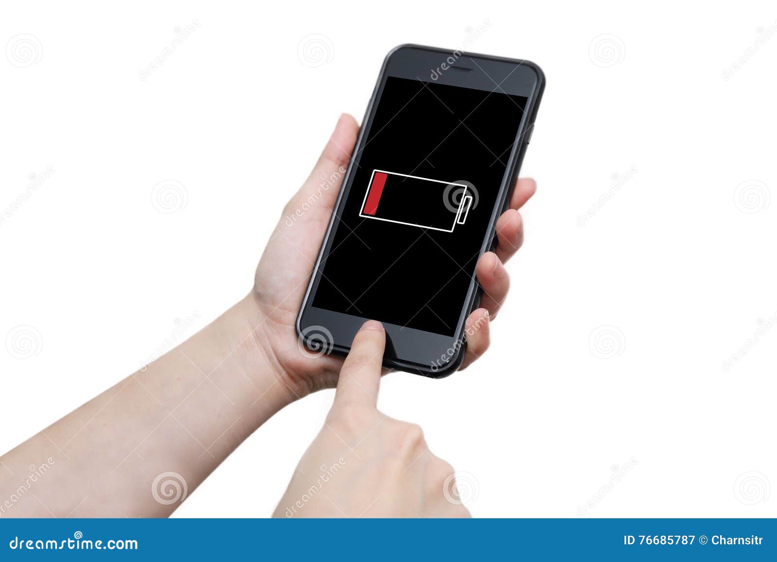 Hand Using Smart Phone with Low Battery Sign Warning on the Disp Stock ...