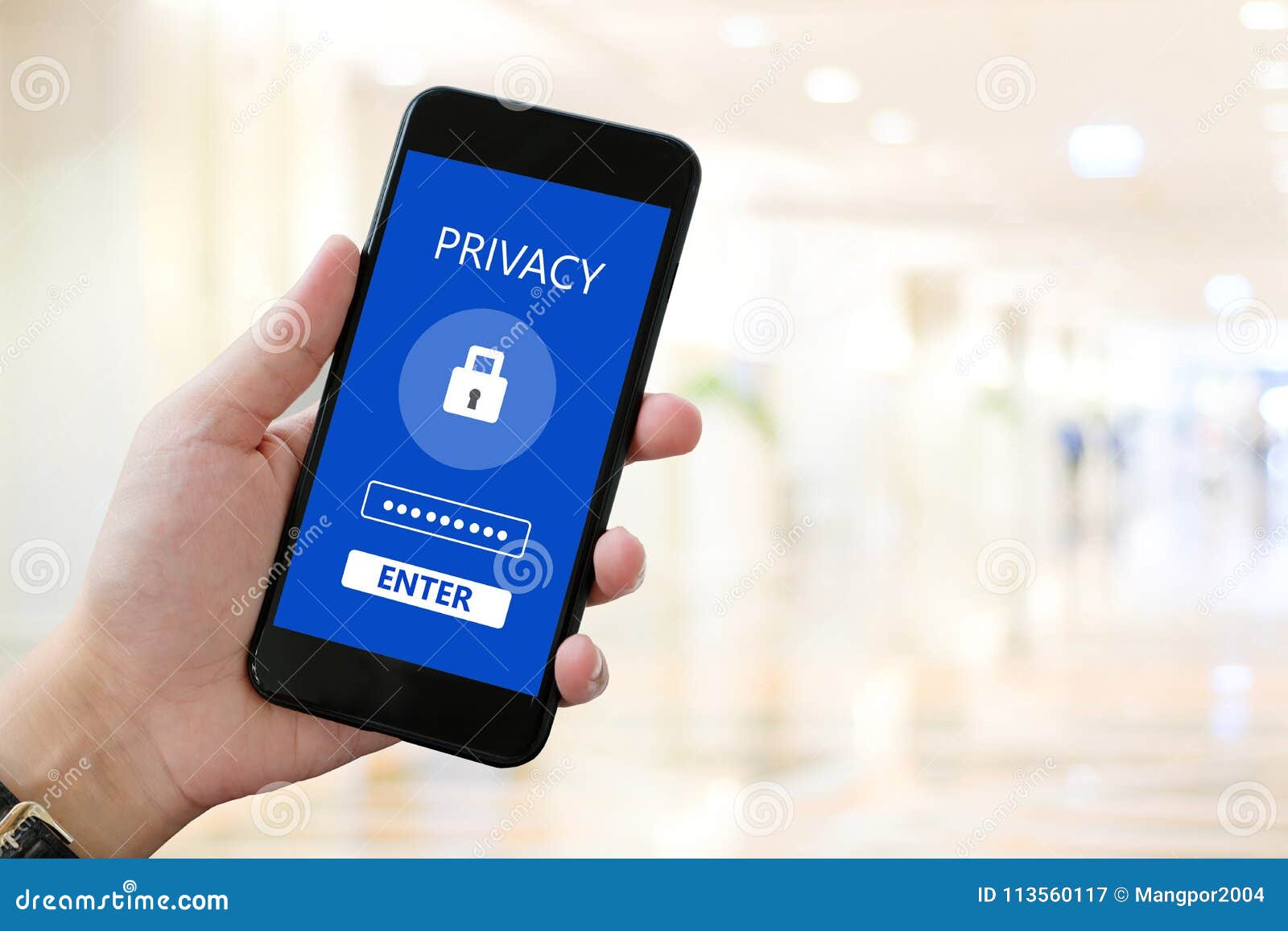 Hand Using Smart Phone with Privacy Device and Password Login O Stock ...