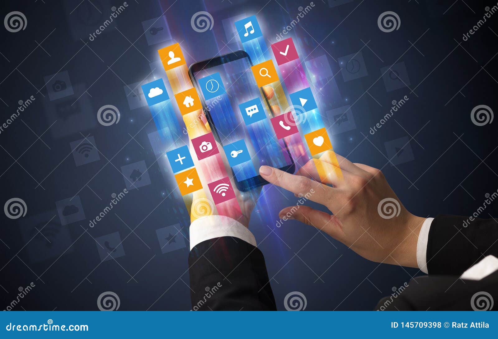Hand Using Smartphone with Angular App Icons Stock Photo - Image of ...