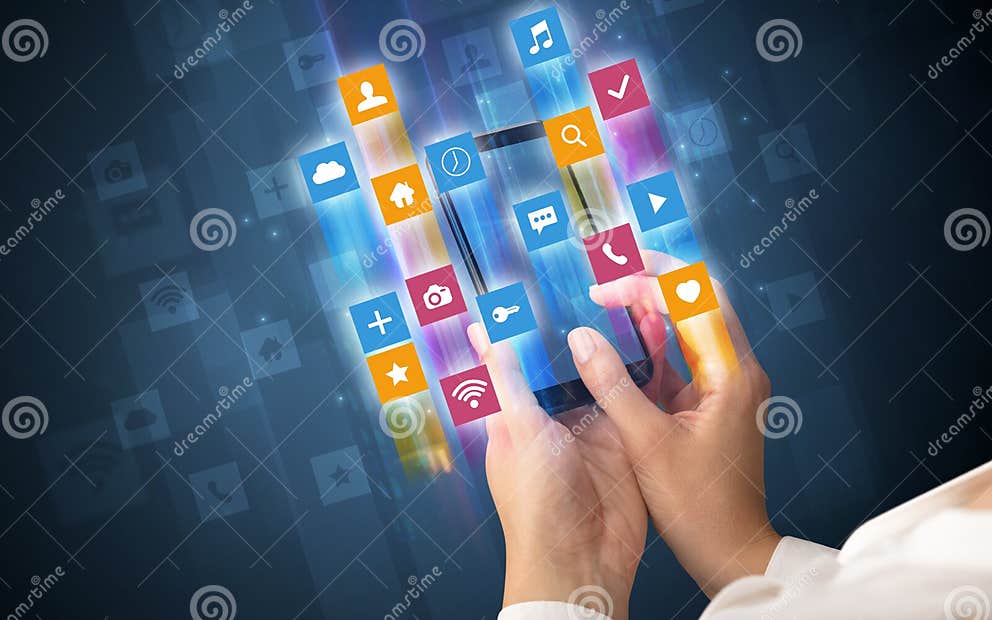 Hand Using Smartphone with Angular App Icons Stock Illustration ...