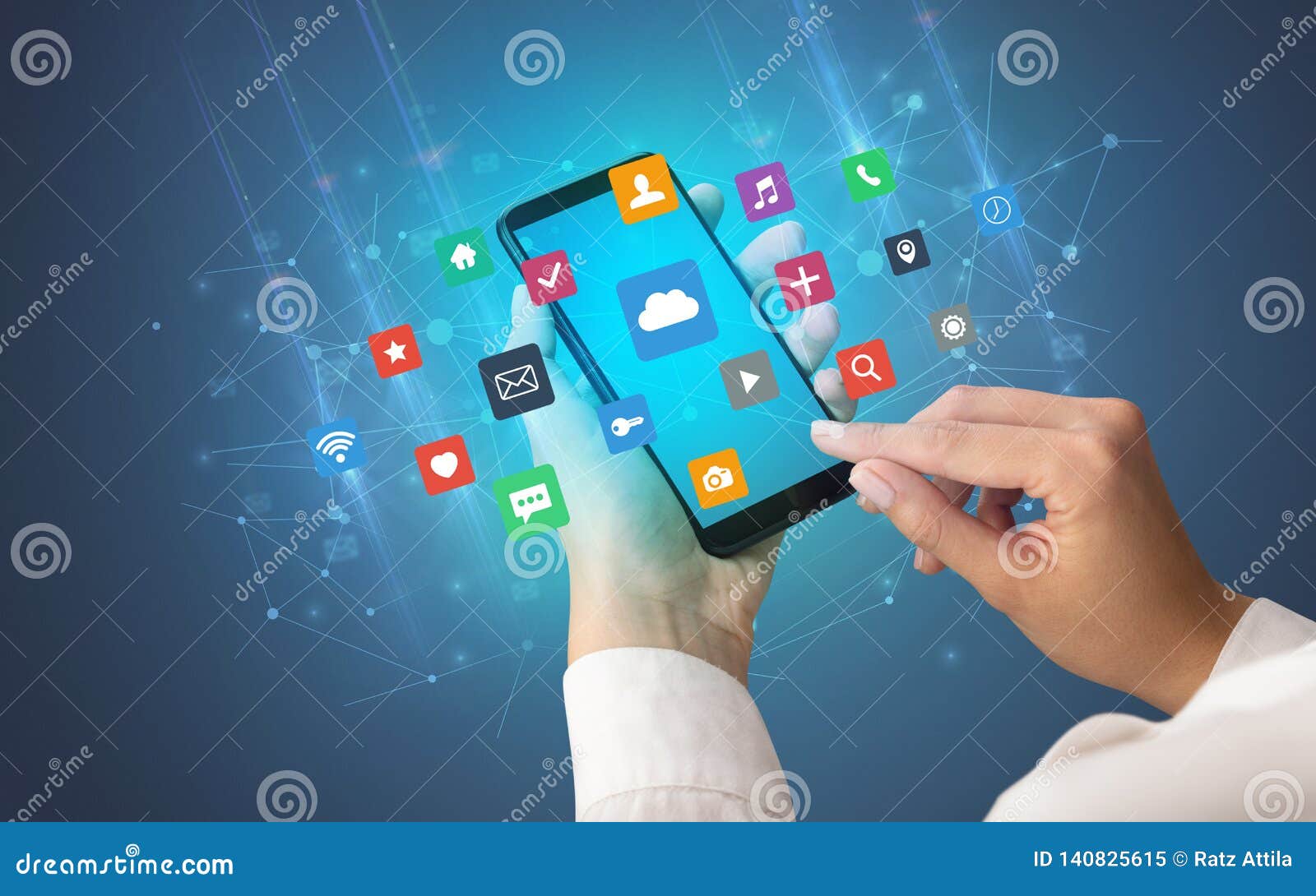 Hand Using Smartphone with Application Icons Stock Image - Image of ...