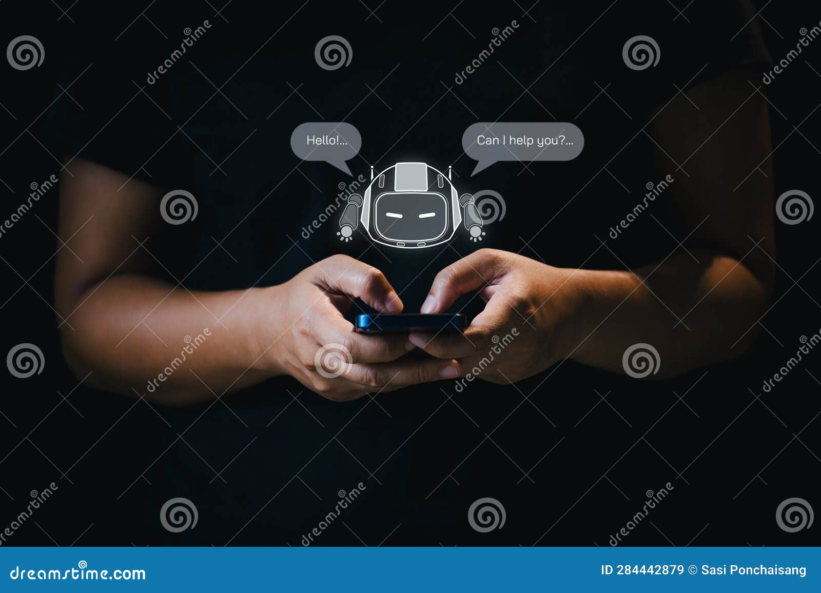 Hand Using Smartphone Chatting with Chatbot. Artificial Intelligence ...