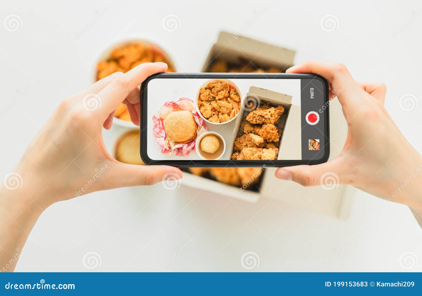 Hand Using Smartphone with Fast Food Fried Chicken Photography. Stock ...