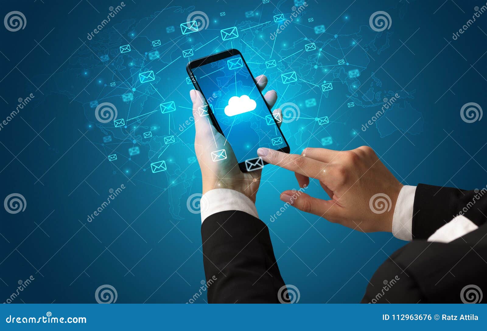 Hand Using Smartphone with Message Icons Stock Photo - Image of cloud ...