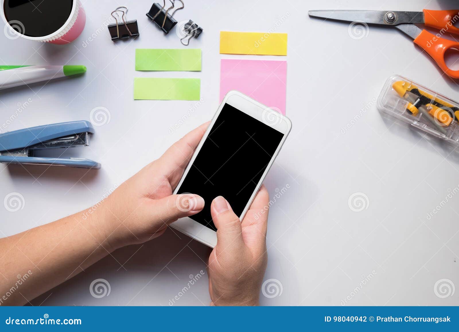 Hand Using Smartphone on Office Desk. Stock Photo - Image of table ...